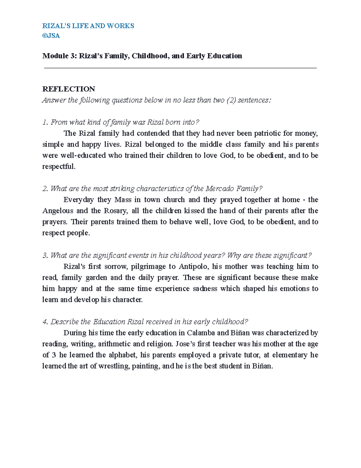 Rizal Life and Works Module 3 - RIZAL’S LIFE AND WORKS ©JSA Module 3: Rizal’s Family, Childhood ...