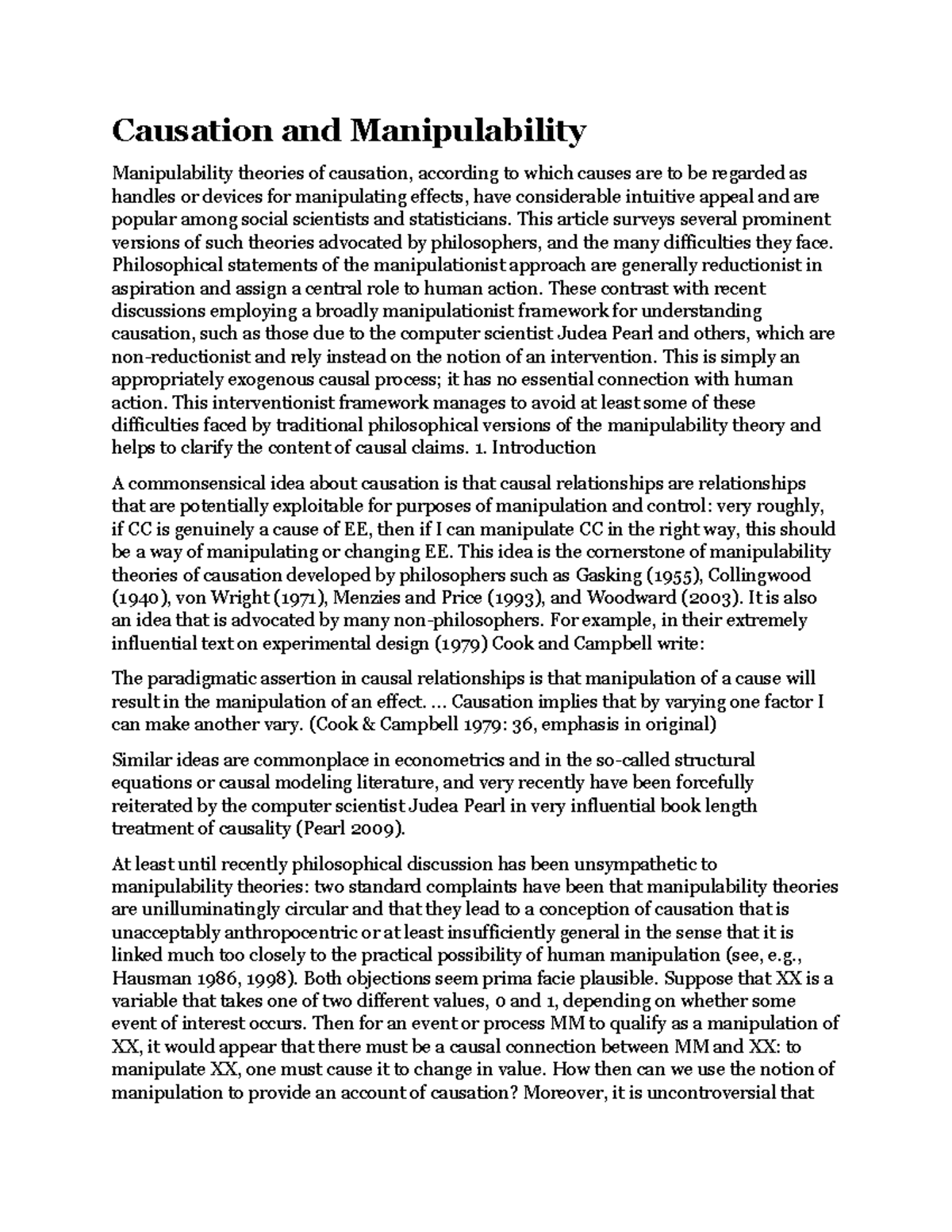 Lecture in Causation and Manipulability - Causation and Manipulability ...