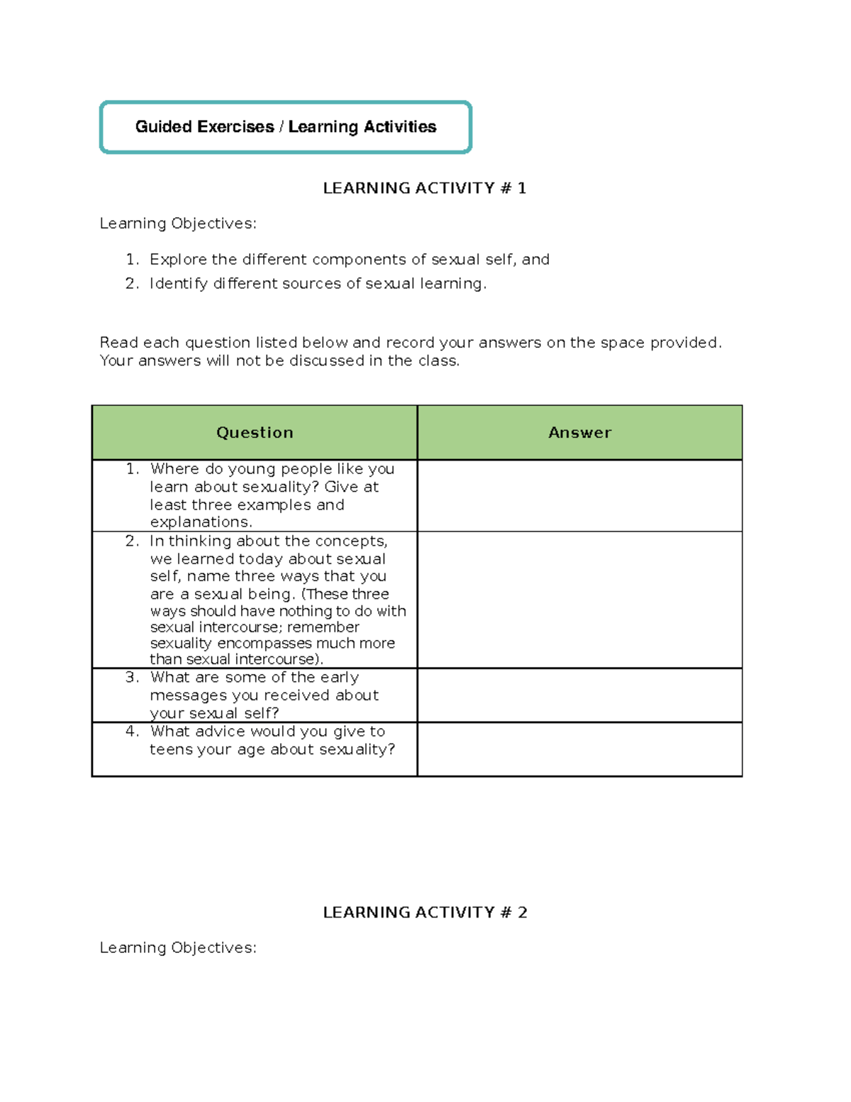 Learning Activity in Understanding the self - LEARNING ACTIVITY # 1 ...