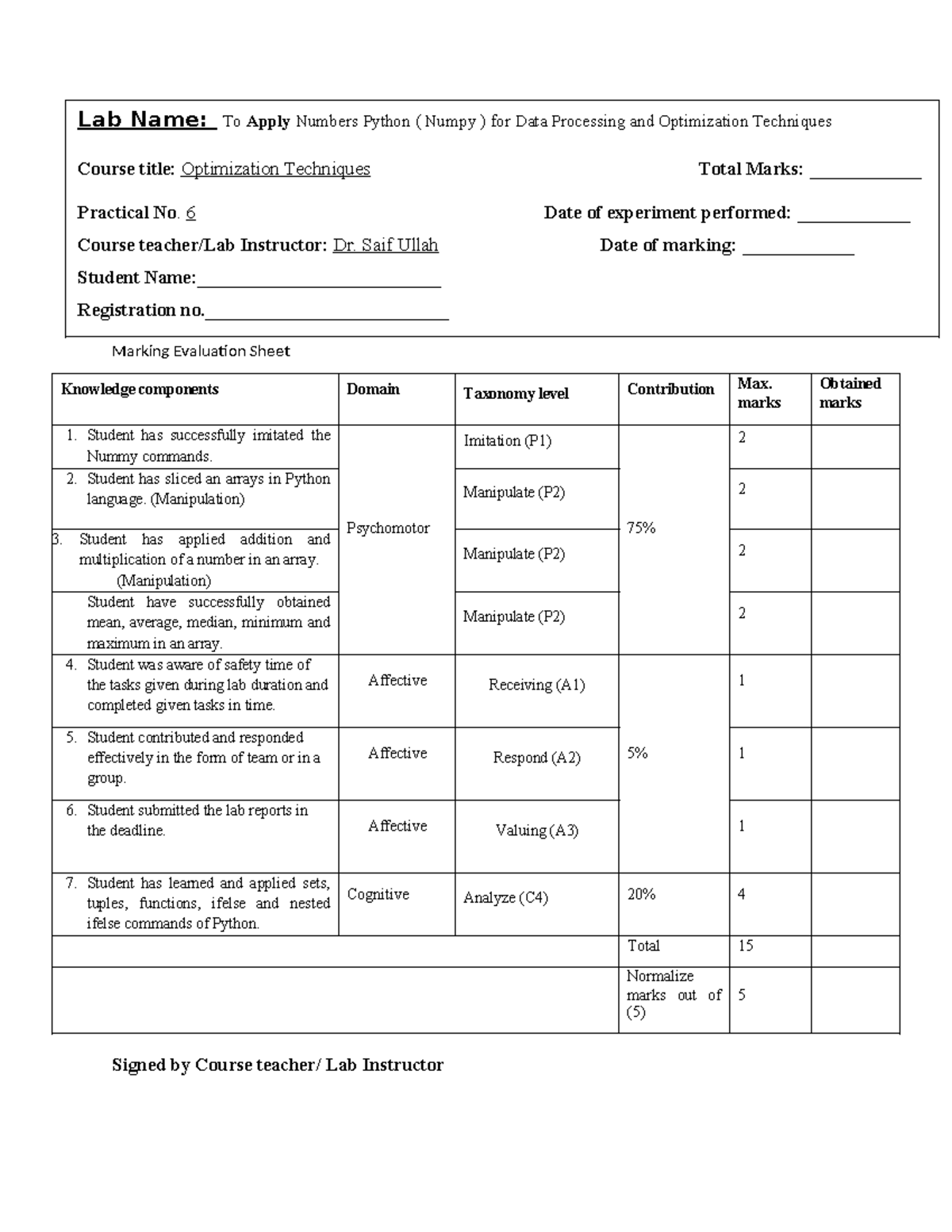 OT LAB 6 - Lab manual - Marking Evaluation Sheet Knowledge components ...