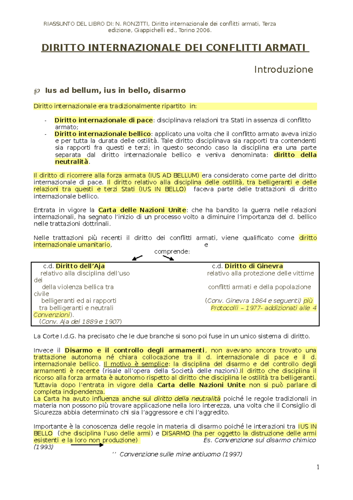 Ronzitti-Diritto int. conflitti armati riassunto - RIASSUNTO DEL LIBRO ...