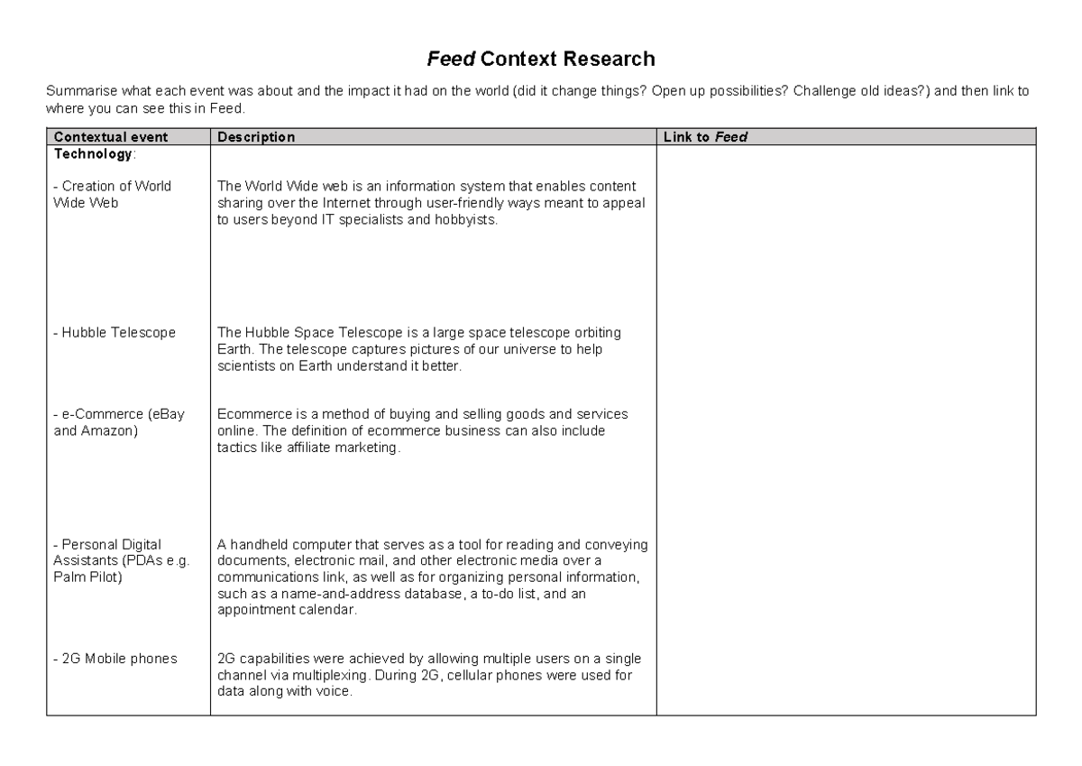 Feed context research - Feed Context Research Summarise what each event ...