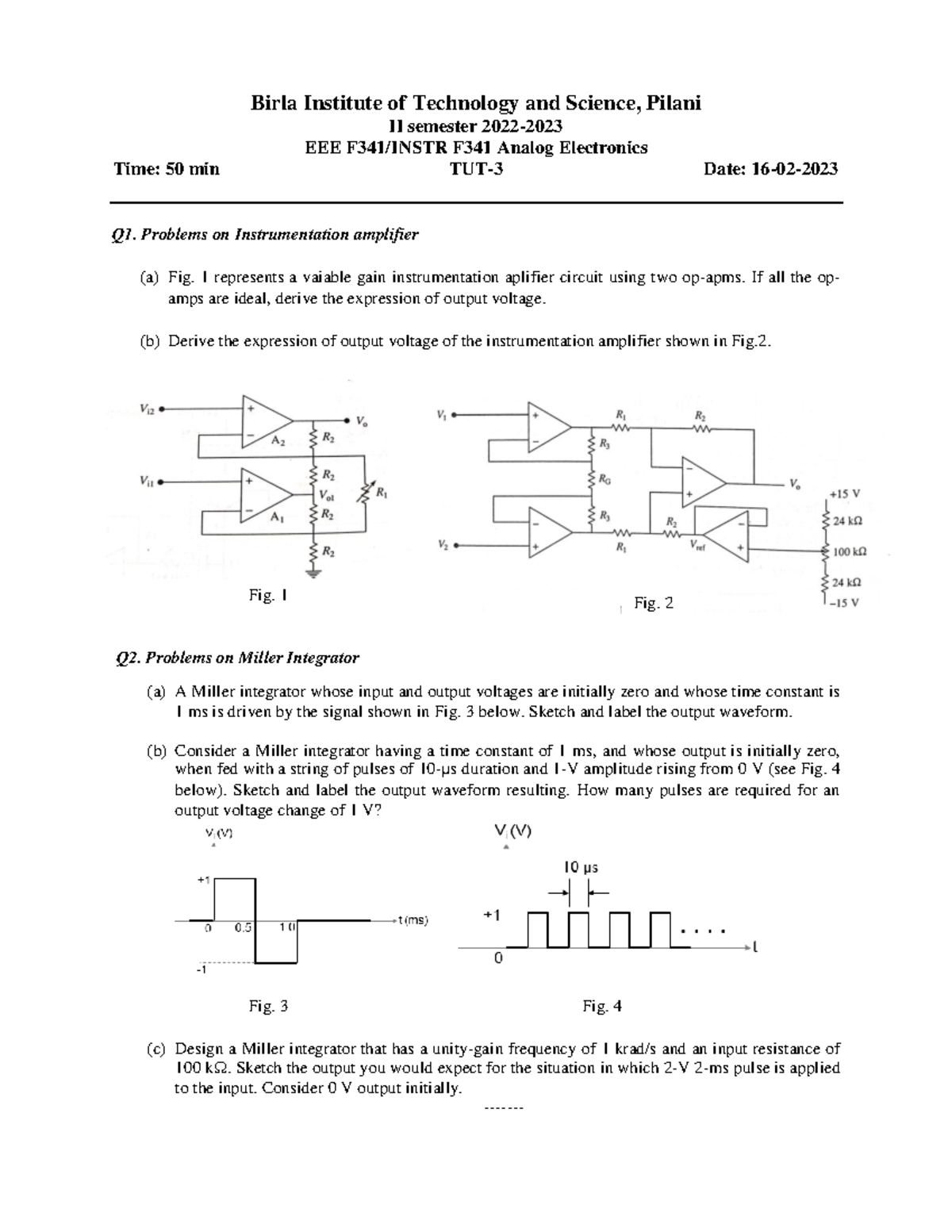 Tut 3 - Tutorial Sheet - Birla Institute of Technology and Science, Pilani II semester 2022- EEE ...