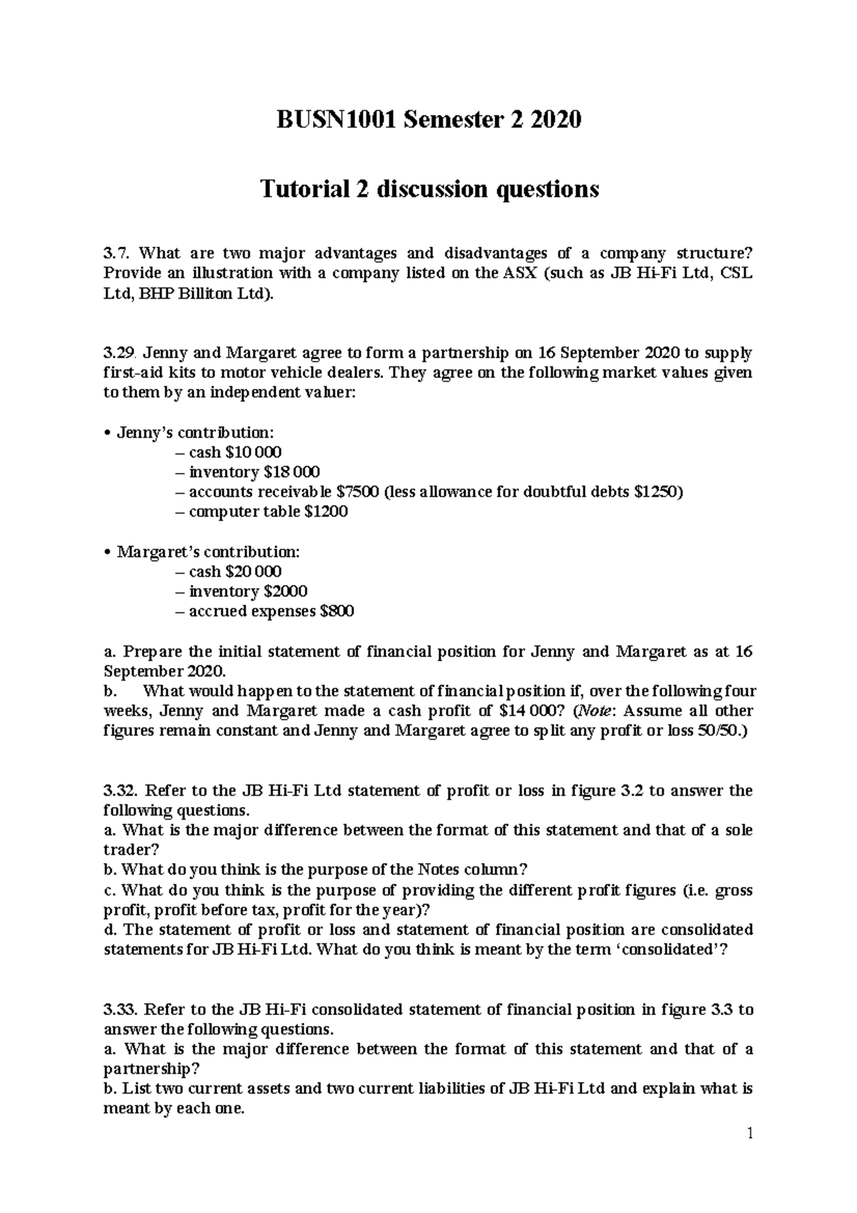 BUSN1001 S2 2020 Tutorial 2 discussion questions - BUSN1001 Semester 2 ...