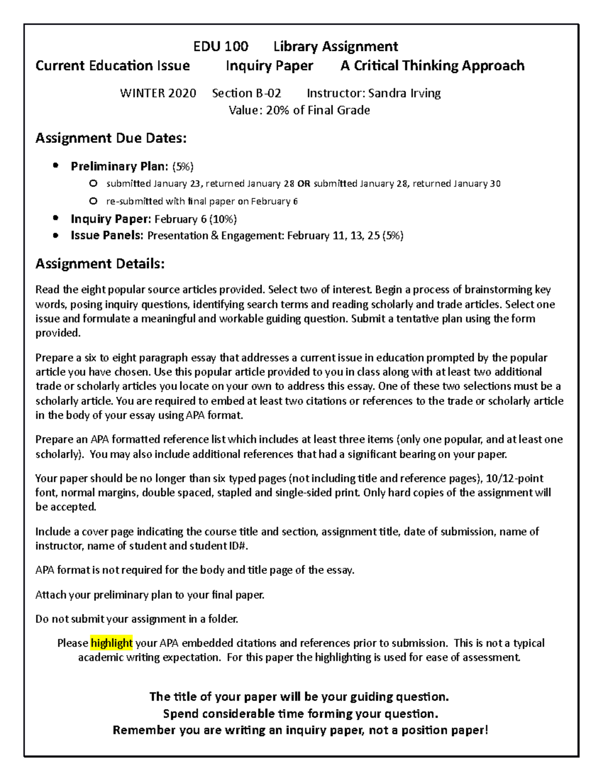EDU 100 Winter 2020Library Assignment - EDU 100 Library Assignment ...