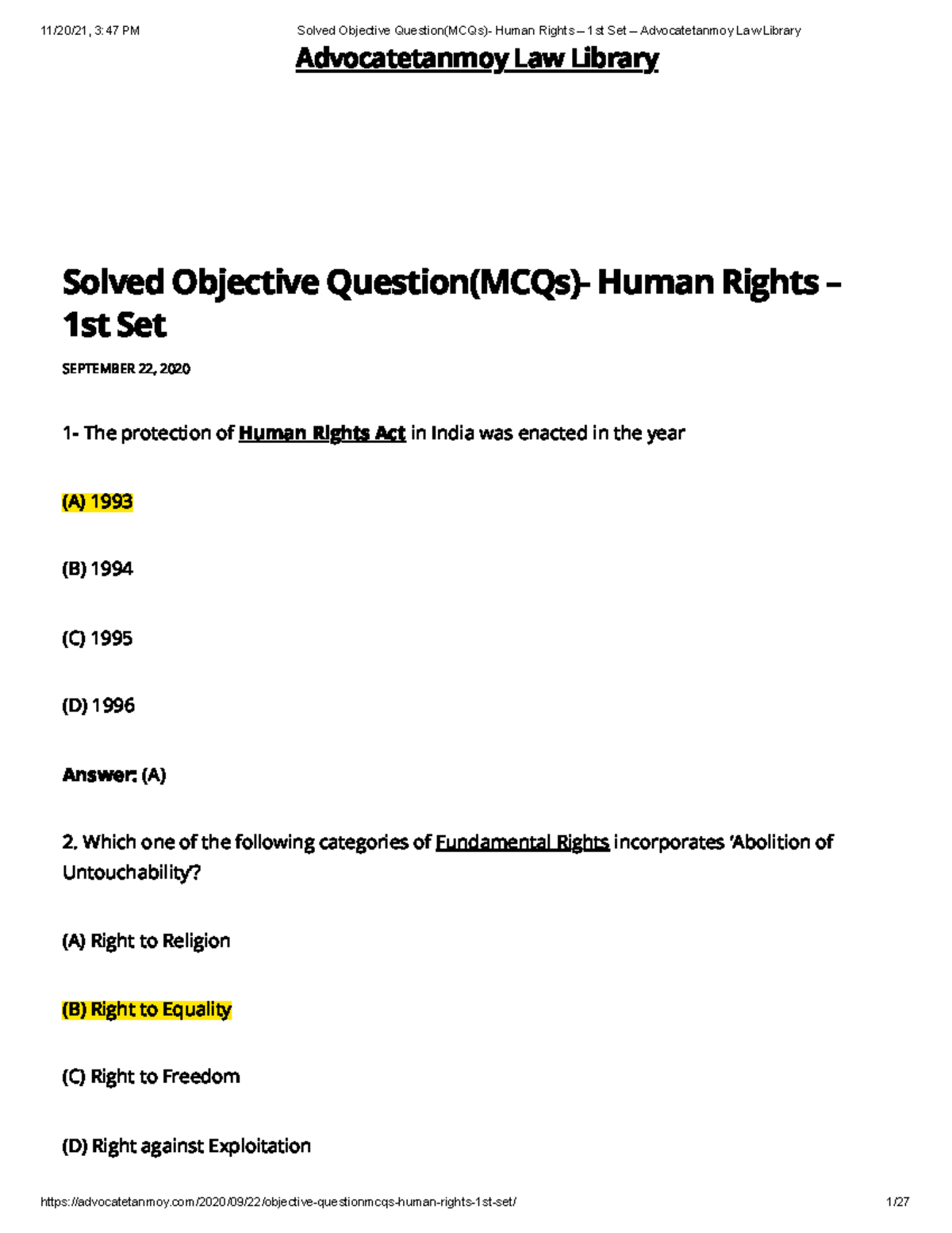 MCQ human rights - Solved Objective Question(MCQs)- Human Rights – 1st ...