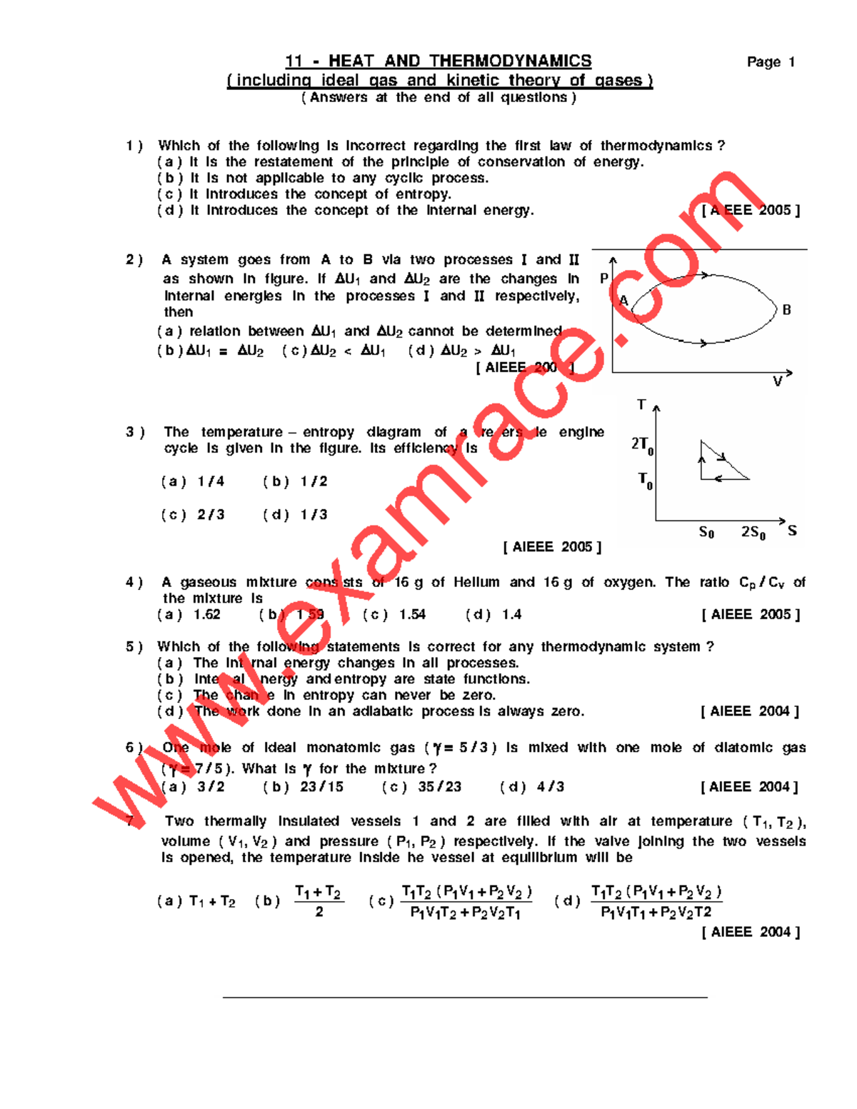 Physics-thermodynamics-mcq - ( including ideal gas and kinetic theory of gases ) ( Answers at ...