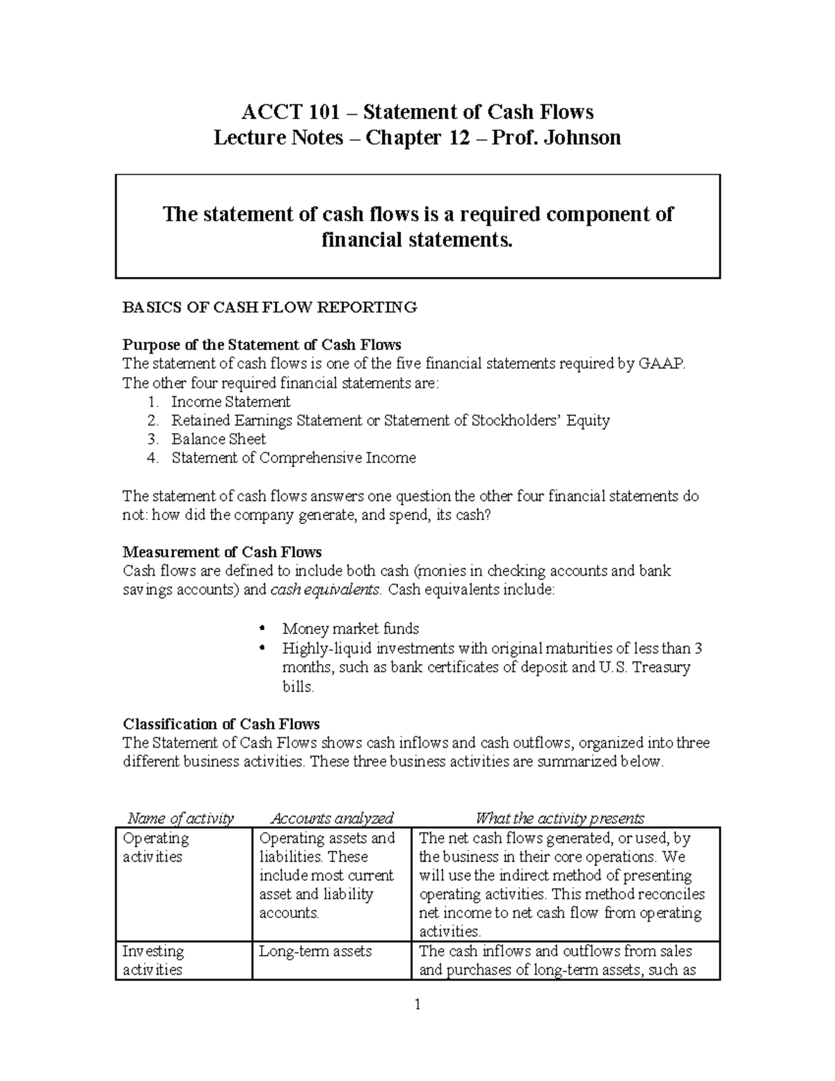 Acct 101 Chapter 12 Handout Acct 101 Statement Of Cash Flows