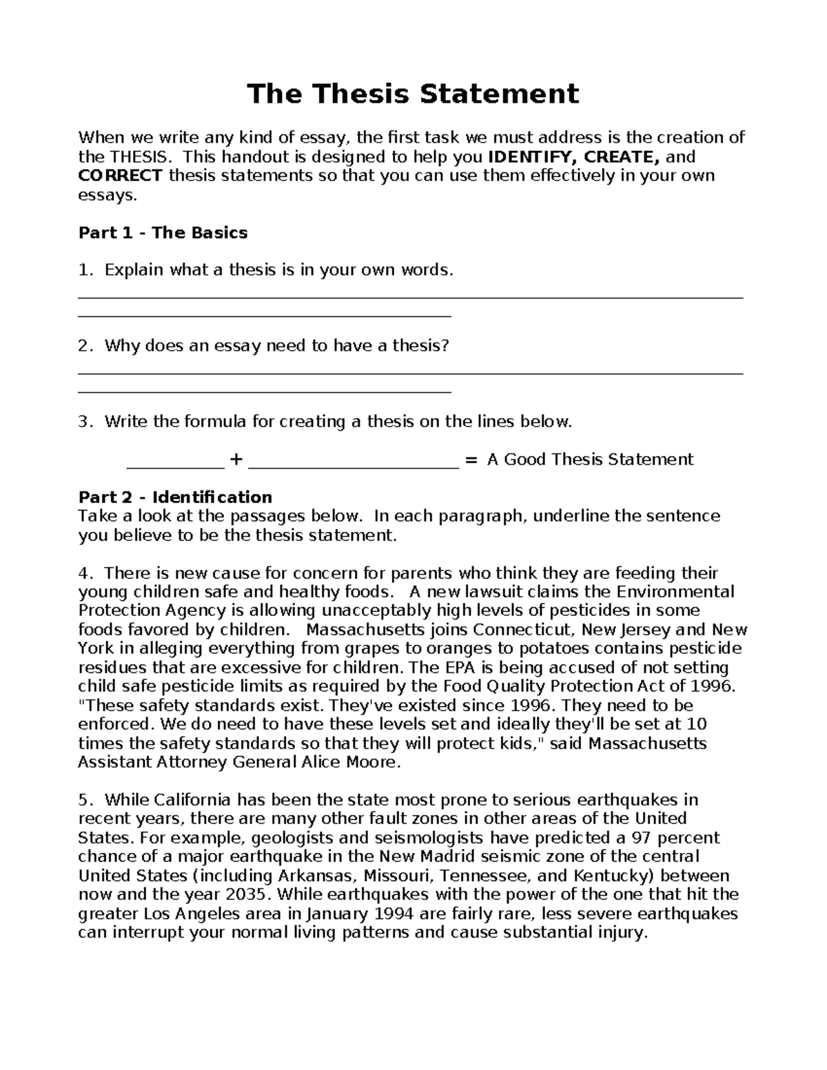 Thesis statement handout - The Thesis Statement When we write any kind ...