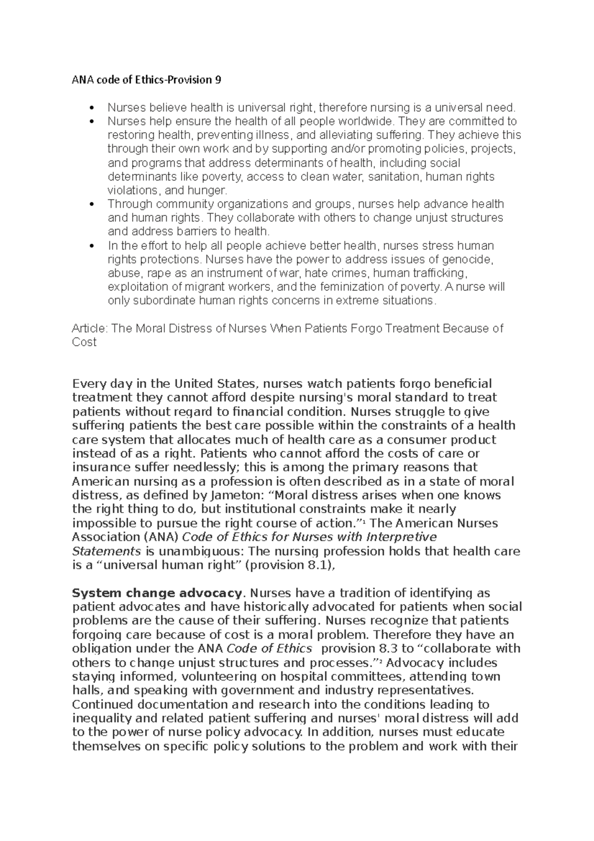 Legal and Ethical Issues Assignment - ANA code of Ethics-Provision 9 ...