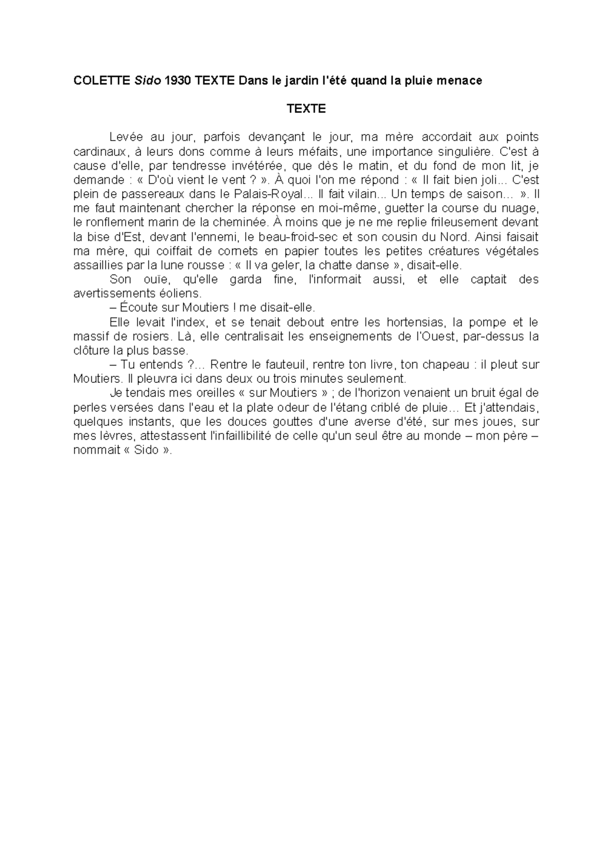Colette Sido 1930 Texte Dans le jardin l - COLETTE Sido 1930 TEXTE Dans ...