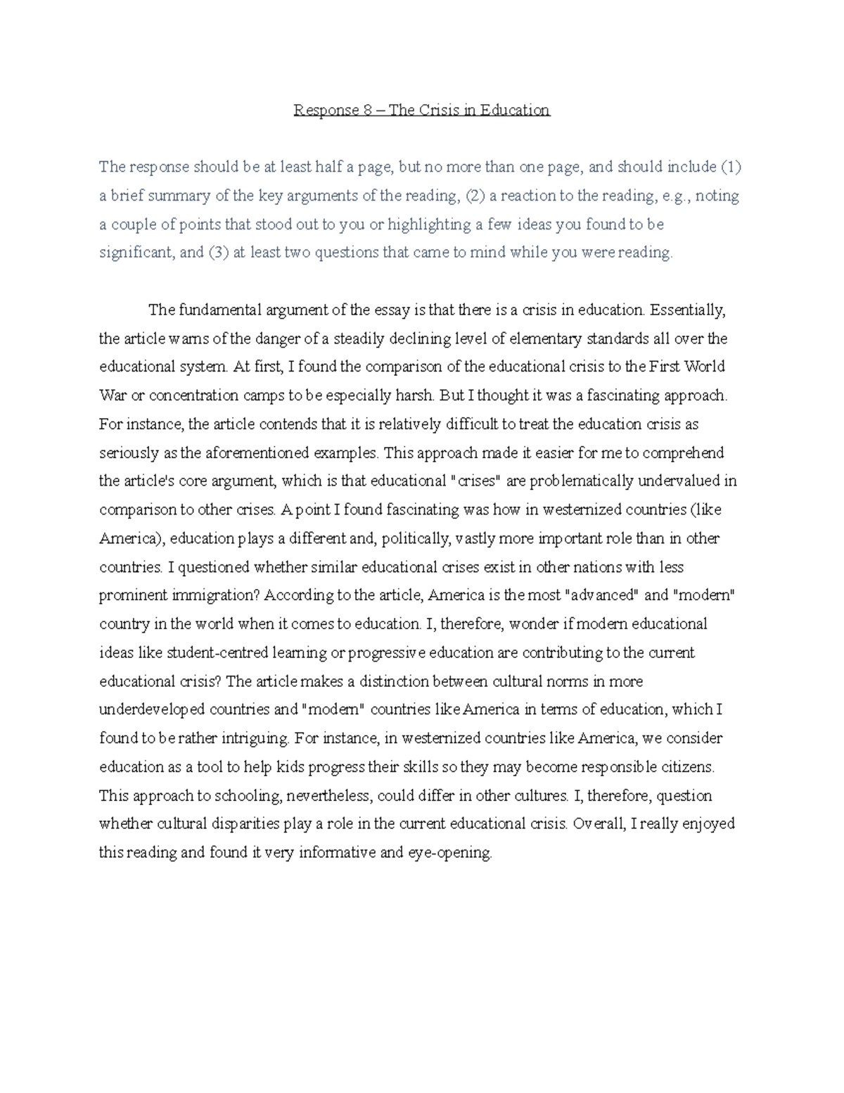 Response 8 – The Crisis in Education - Response 8 – The Crisis in ...