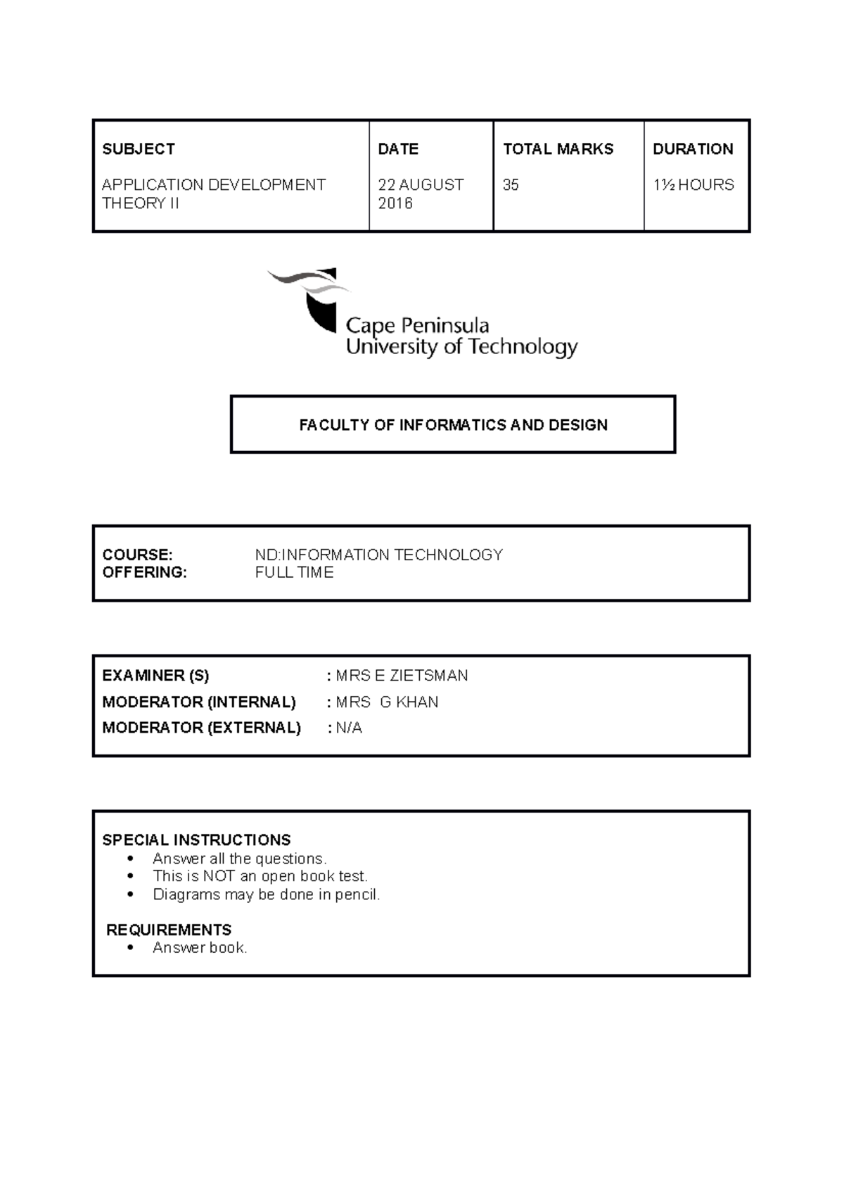 ADT 2 Exam August 2016 - SUBJECT APPLICATION DEVELOPMENT THEORY II DATE ...