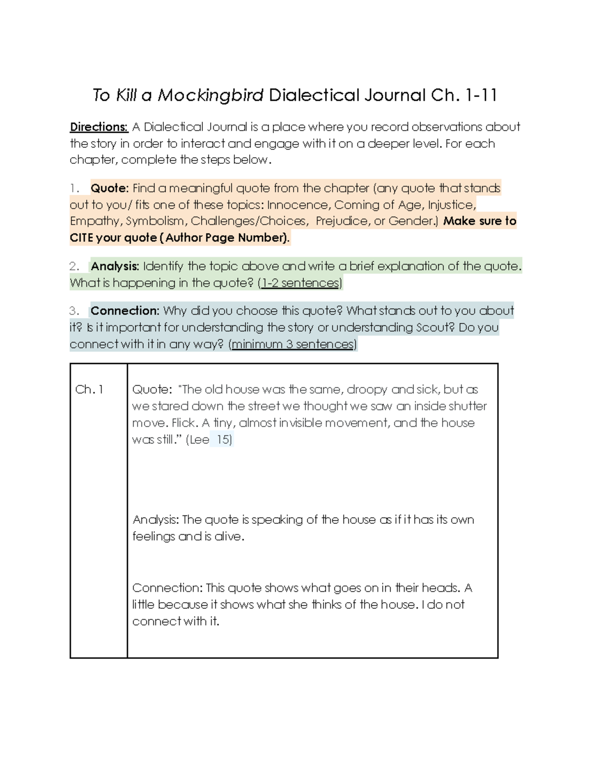 Ch.1 - 11 dialectical journal - To Kill a Mockingbird Dialectical ...