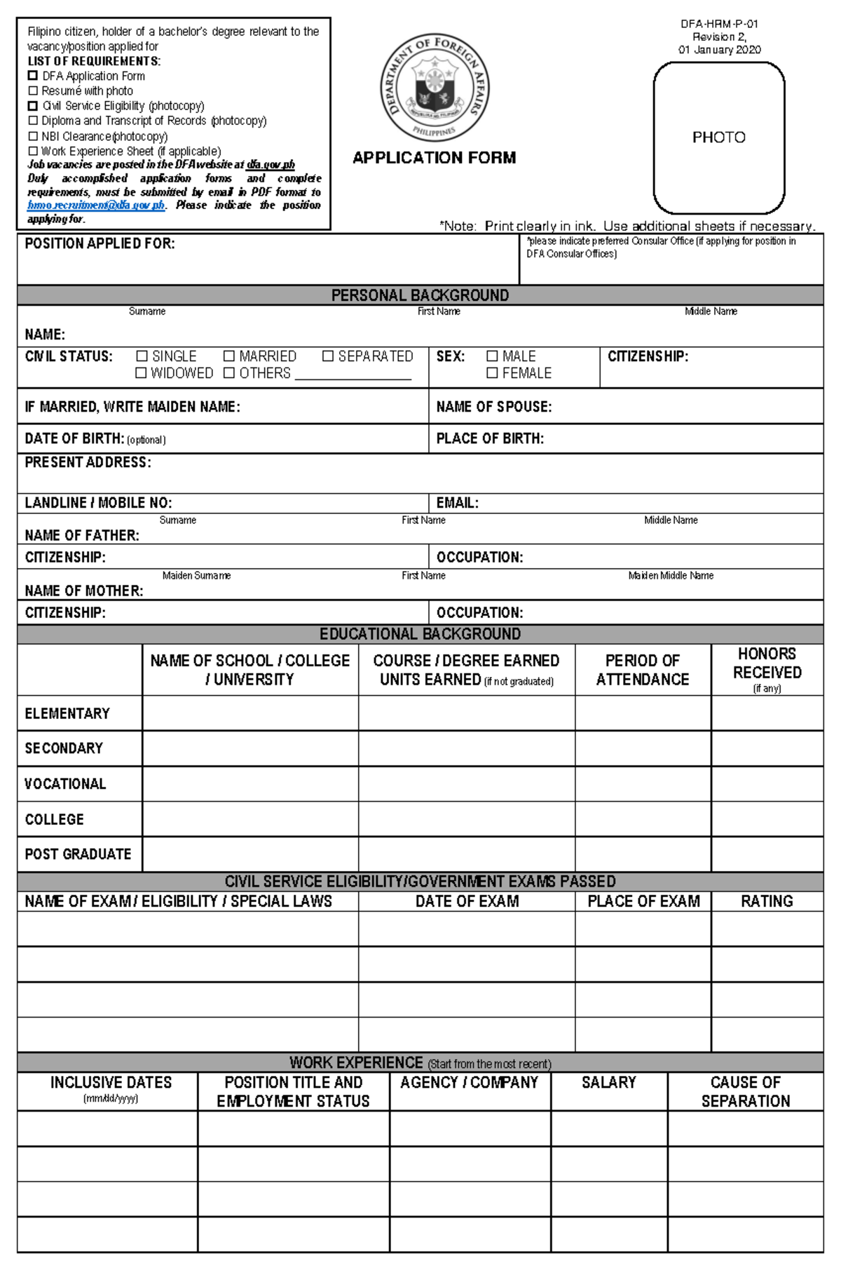 DFA Application Form Rev2 - APPLICATION FORM *Note: Print clearly in ...