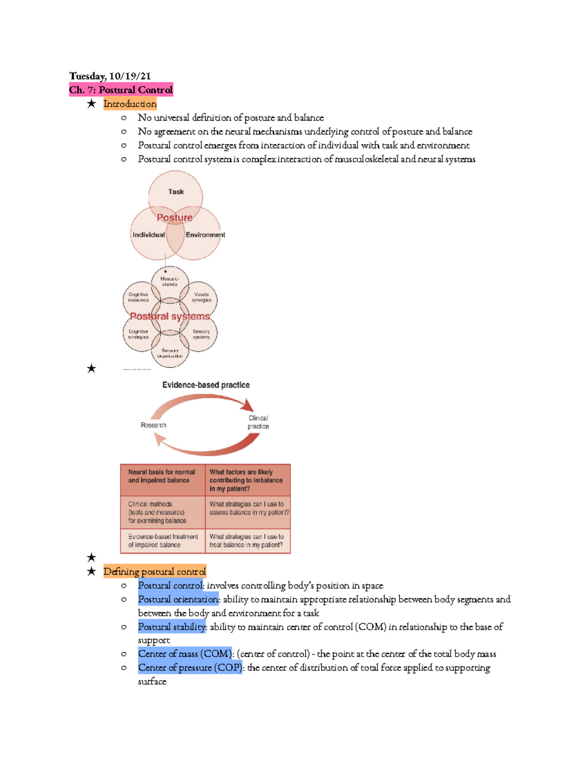 Neuromotor control: Ch. 7 (Postural Control), Ch. 13 + 14 (A Lifespan ...