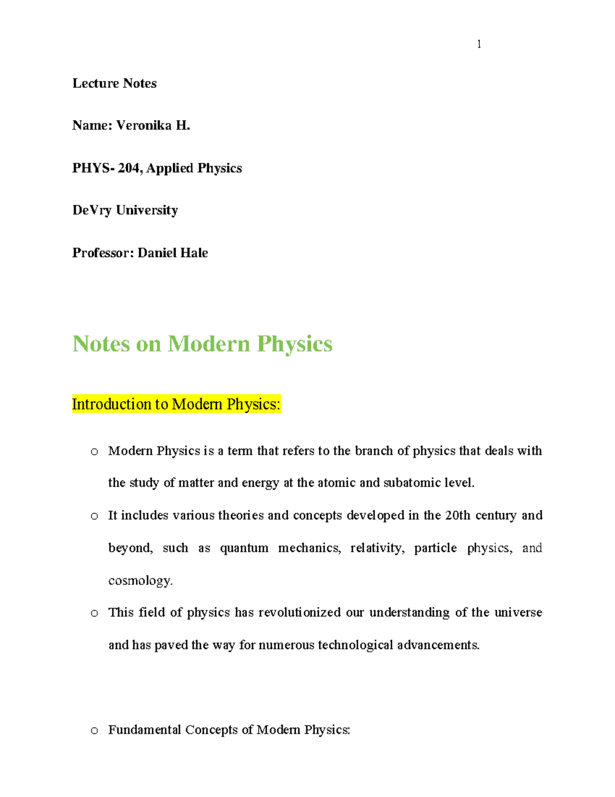 Notes on Mordern Physics and its concepts - Lecture Notes Name ...