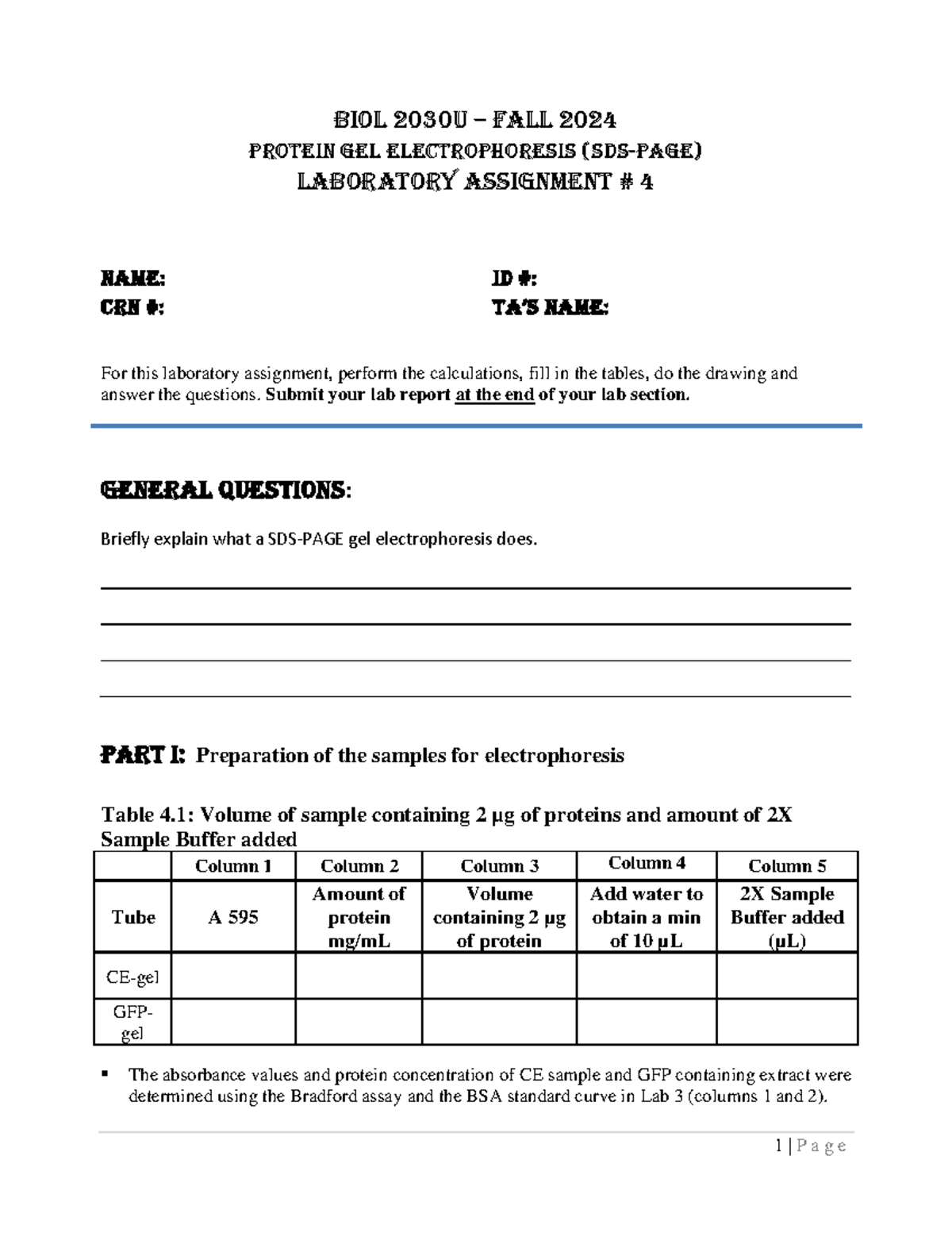 BIOL2030 -Lab 4 - Lab Assignment - Fall 2024 - Biol 2030U – Fall 20 24 Protein gel ...