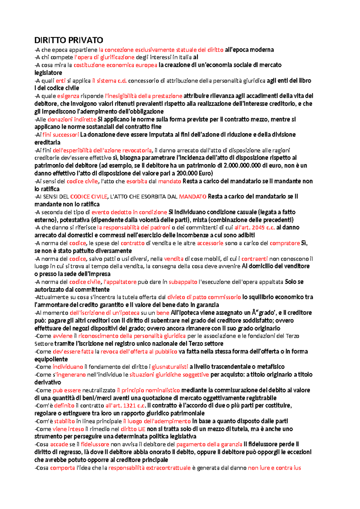 Domande esame dir privato e risposte - DIRITTO PRIVATO -A che epoca appartiene la concezione ...