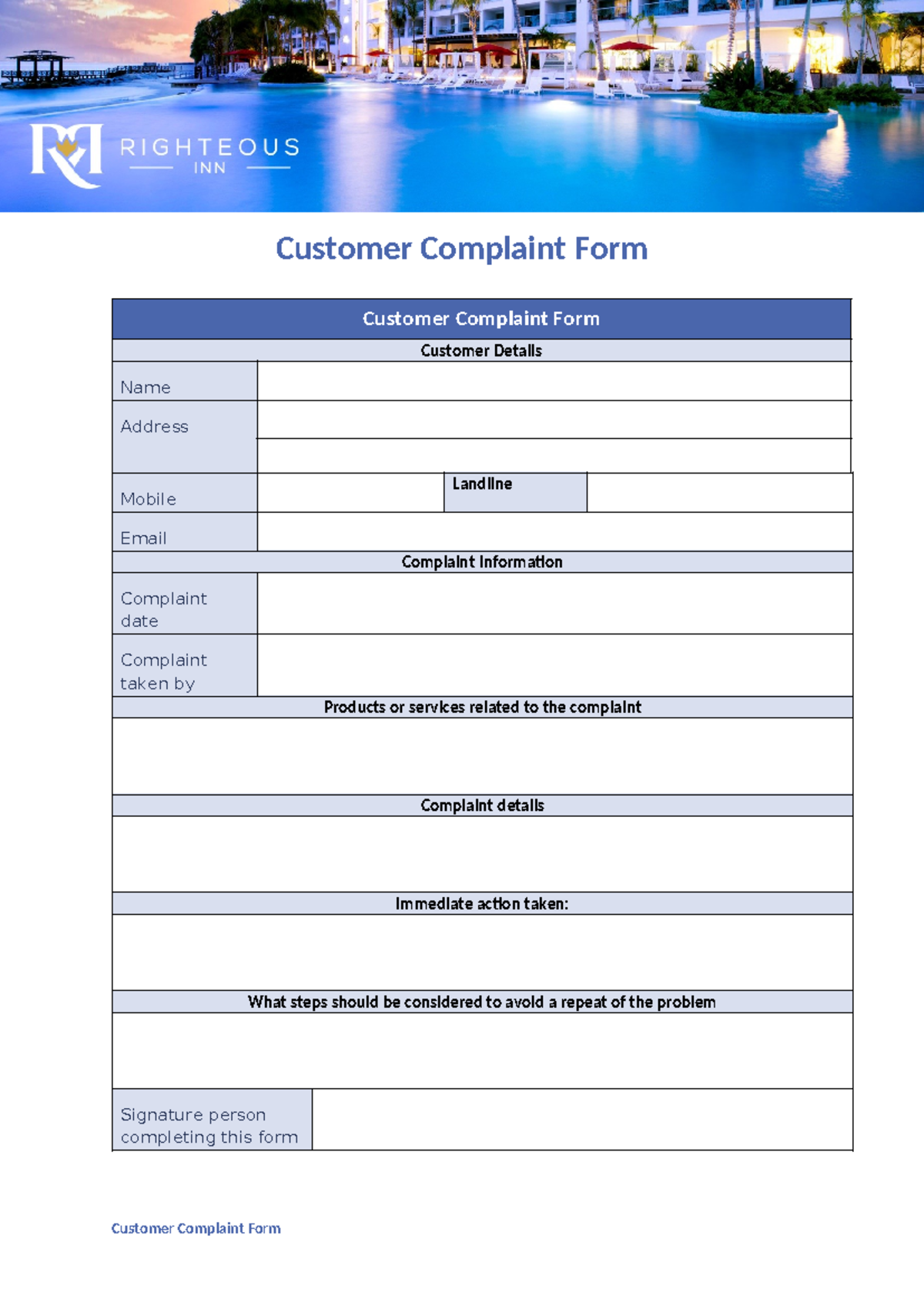 Righteous Inn - Customer Complaint Form - hospitality - Customer ...