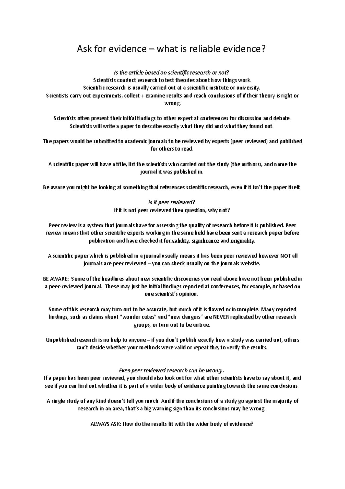 What is reliable evidence? - lecture notes - Ask for evidence – what is ...