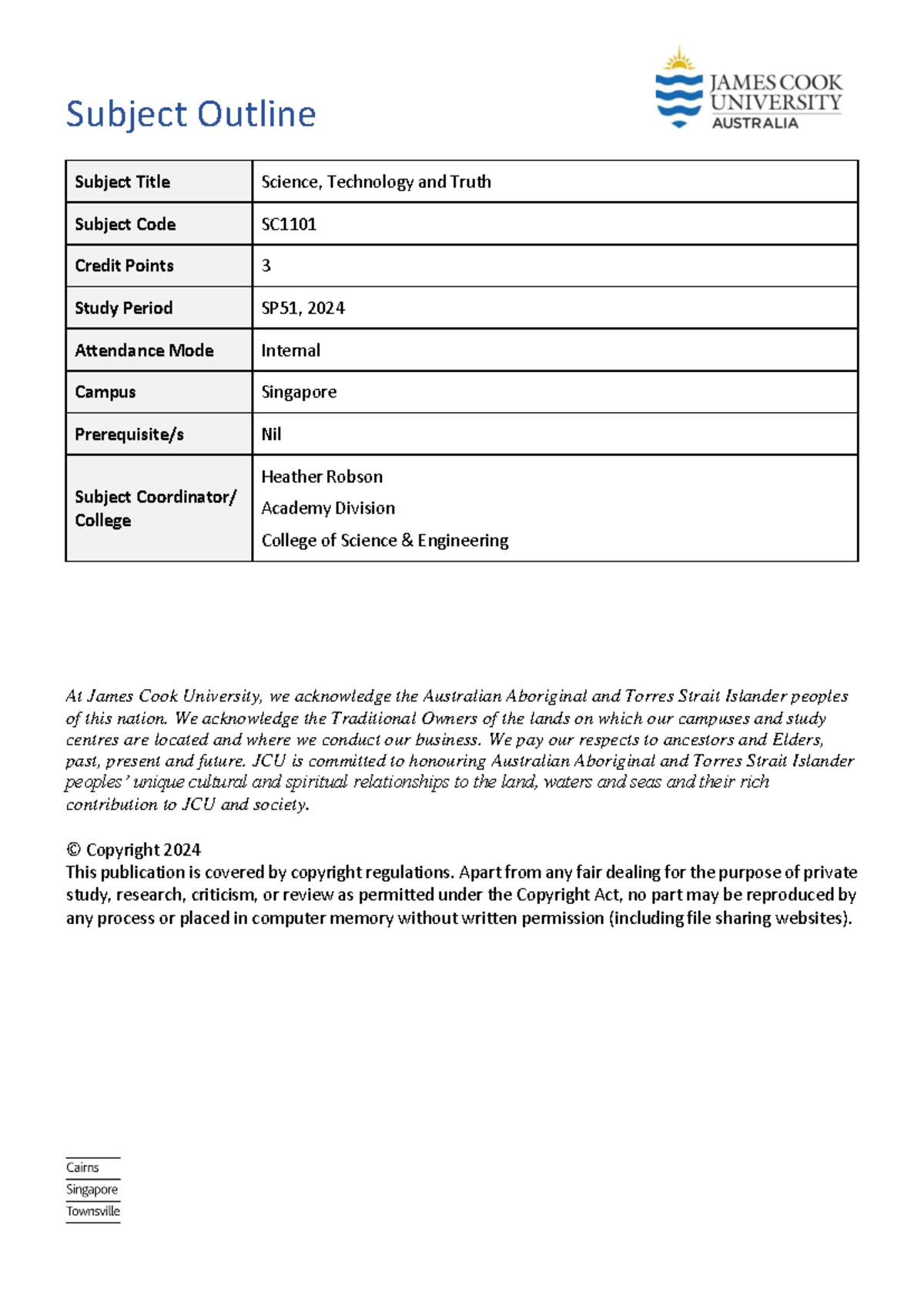 24 SC1101 SIN SP51 INT Subject Outline - Subject Outline Subject Title ...