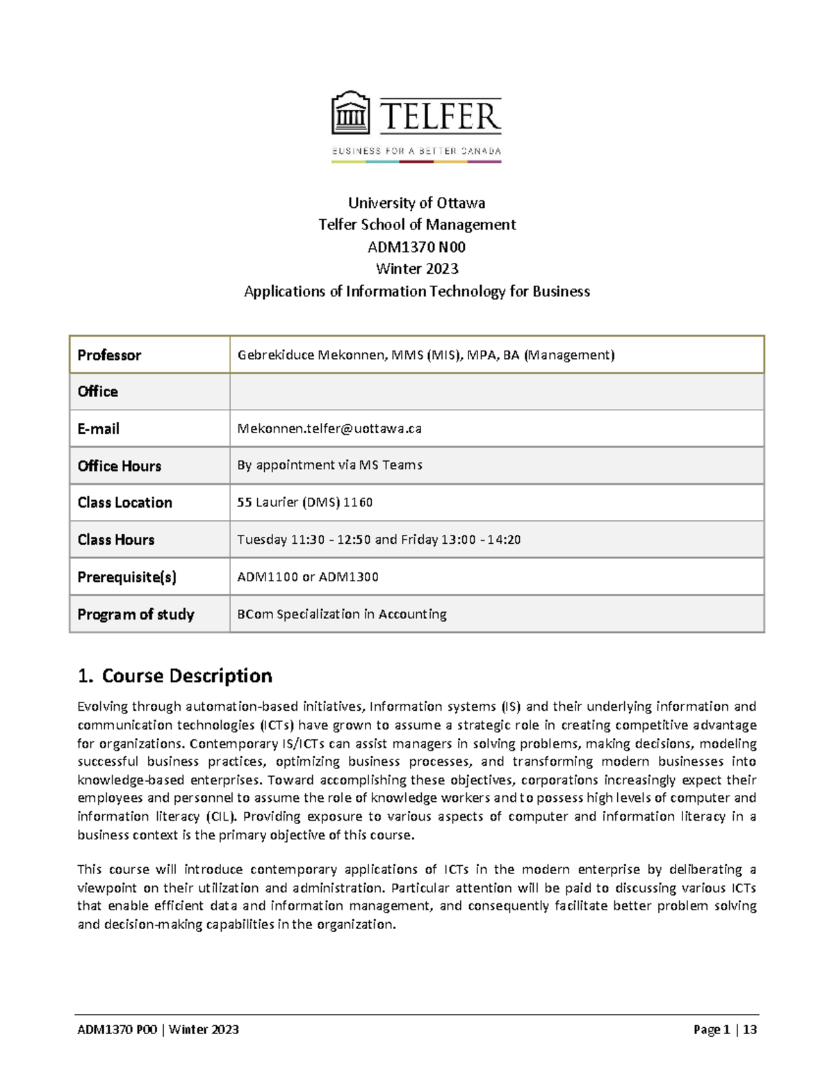 ADM1370 W23 Course Outline N - University of Ottawa Telfer School of ...