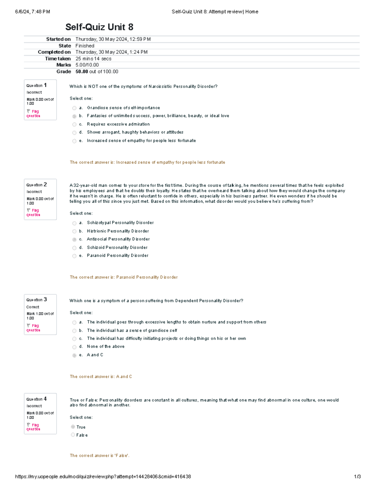 HS 4241 Self-Quiz Unit 8 Attempt review - Question 1 Incorrect Mark 0 out of 1. Flag question ...