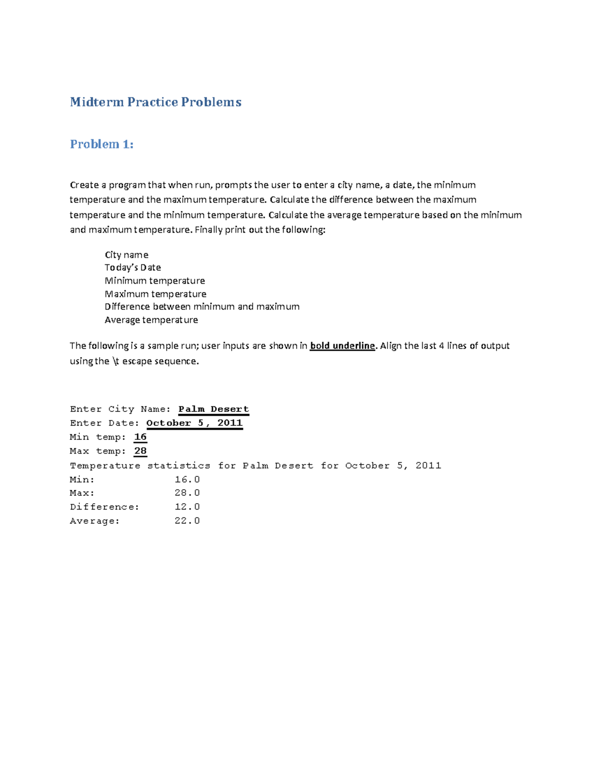 Midterm Practice Problems - Midterm Practice Problems Problem 1: Create ...