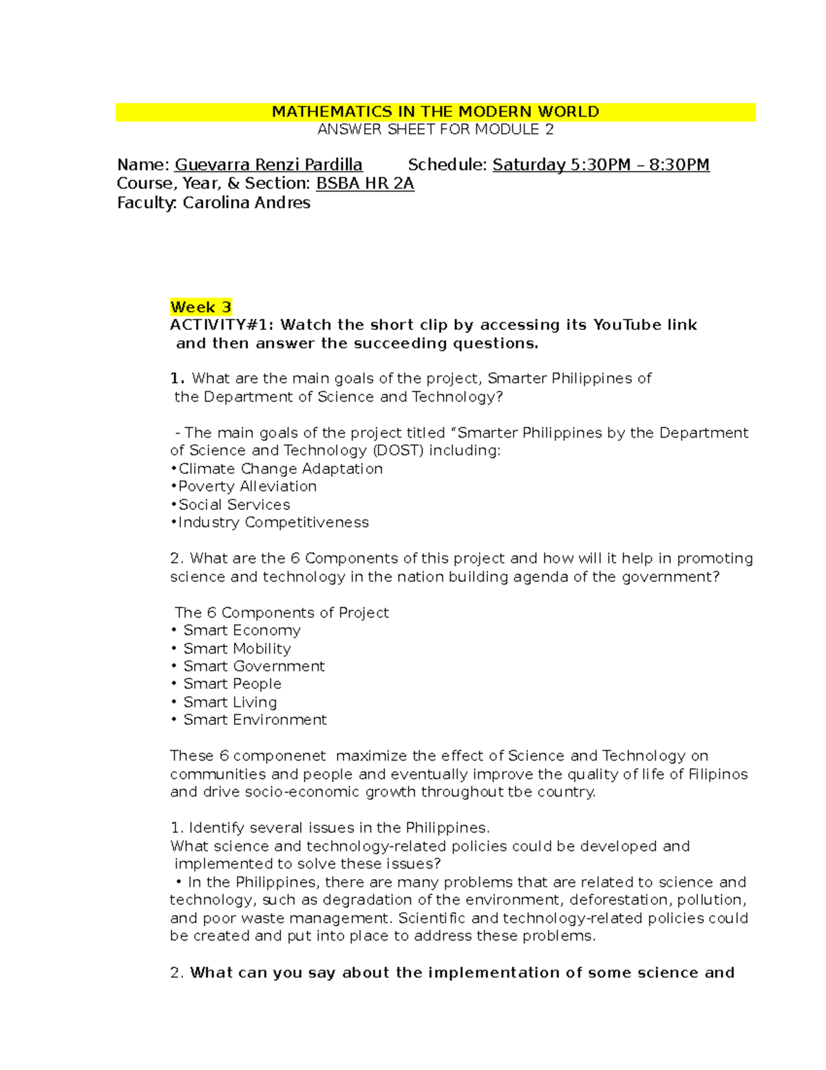 STS module 2 answer sheet - MATHEMATICS IN THE MODERN WORLD ANSWER ...
