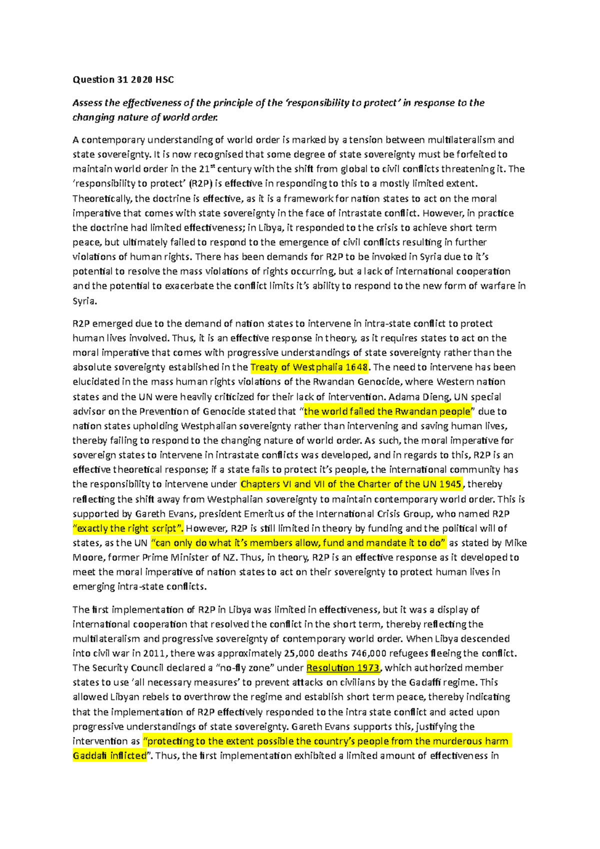 R2P Essay - Question 31 2020 HSC Assess the effectiveness of the ...