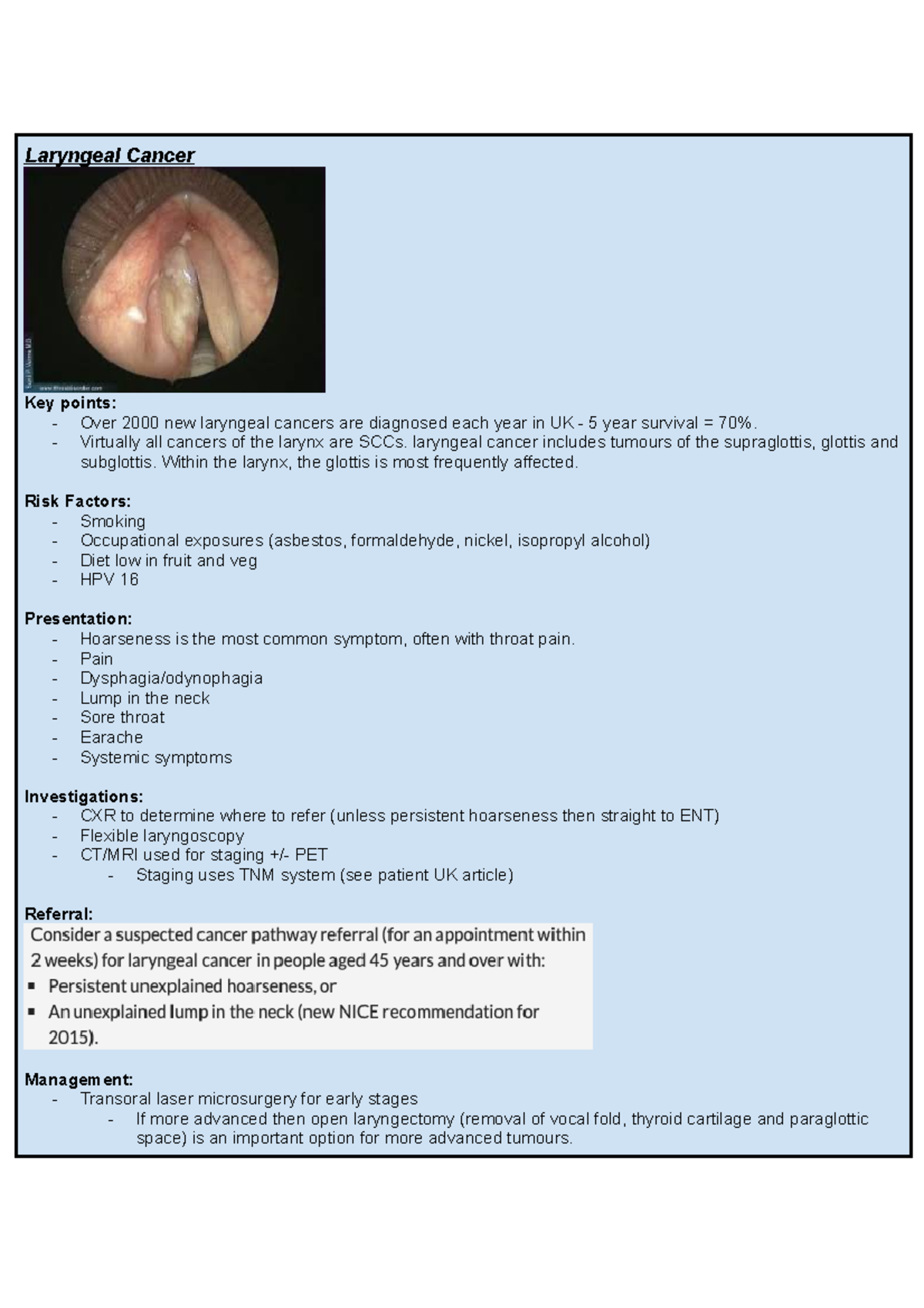 Head and Neck Cancer - Lecture notes Year 4 ENT - Laryngeal Cancer Key ...
