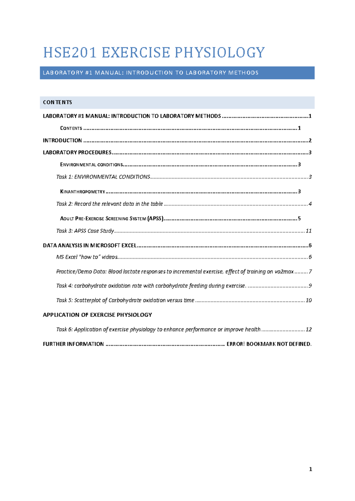 HSE201 Prac 1 Lab Manual - HSE201 EXERCISE PHYSIOLOGY C ONTENTS ...