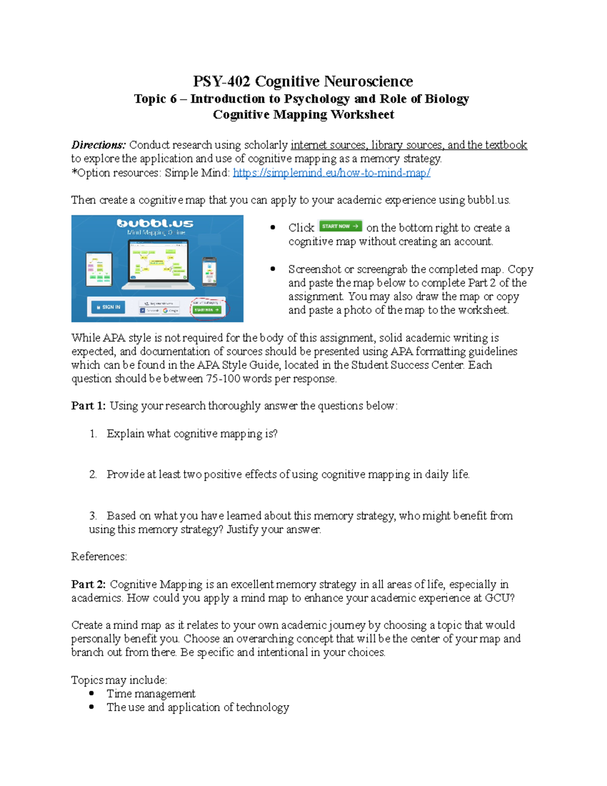 PSY 402 RS Cognitive Mapping Worksheet - PSY-402 Cognitive Neuroscience ...