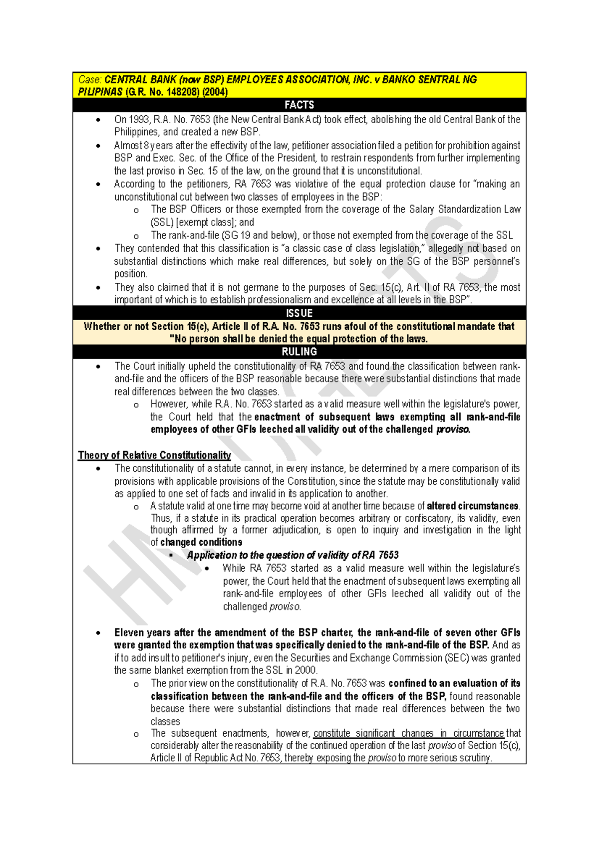 Central BANK (now BSP) Employees Association, INC. v Banko Sentral NG ...