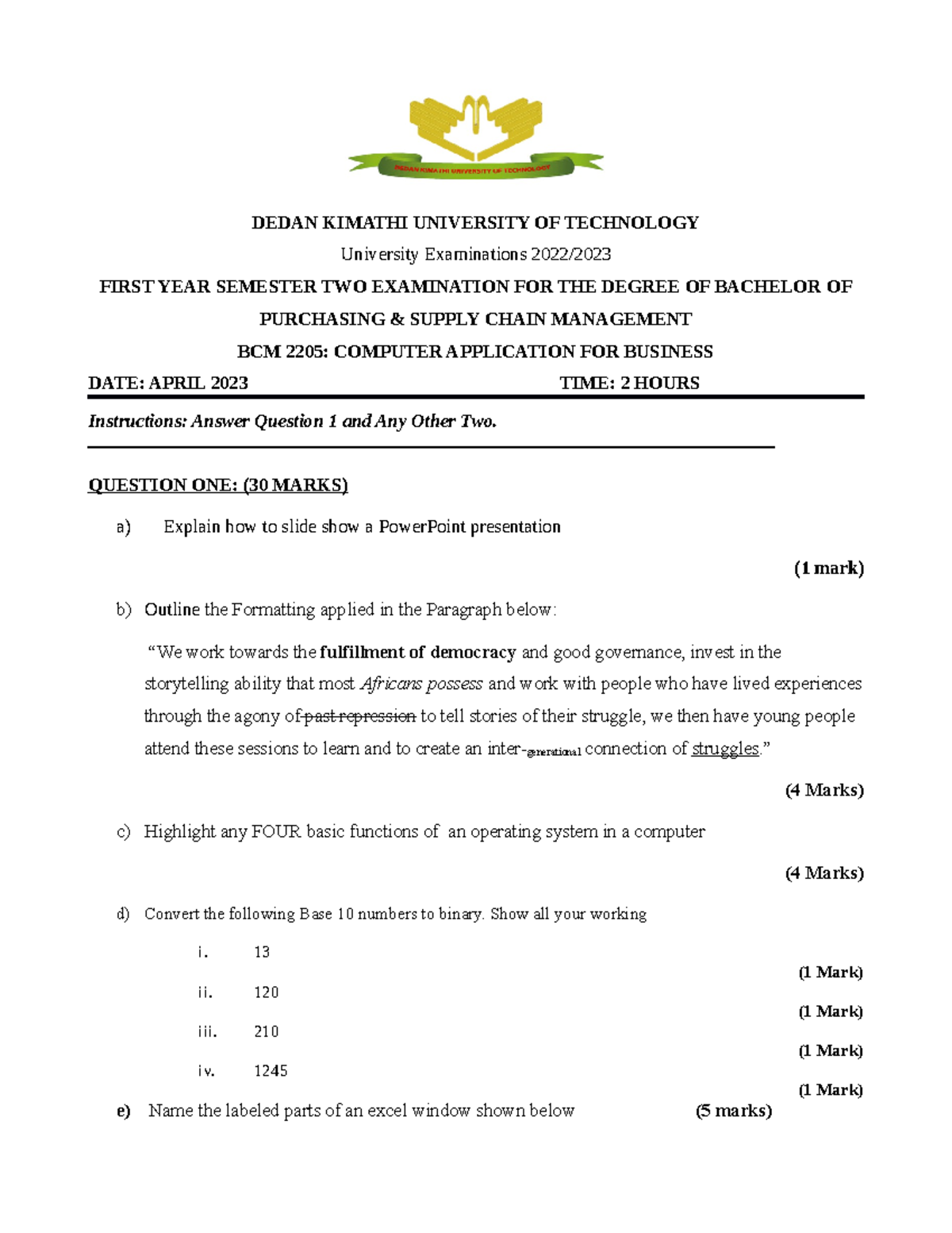 BCM 2205 Computer Application for Business BPSM qp - DEDAN KIMATHI ...