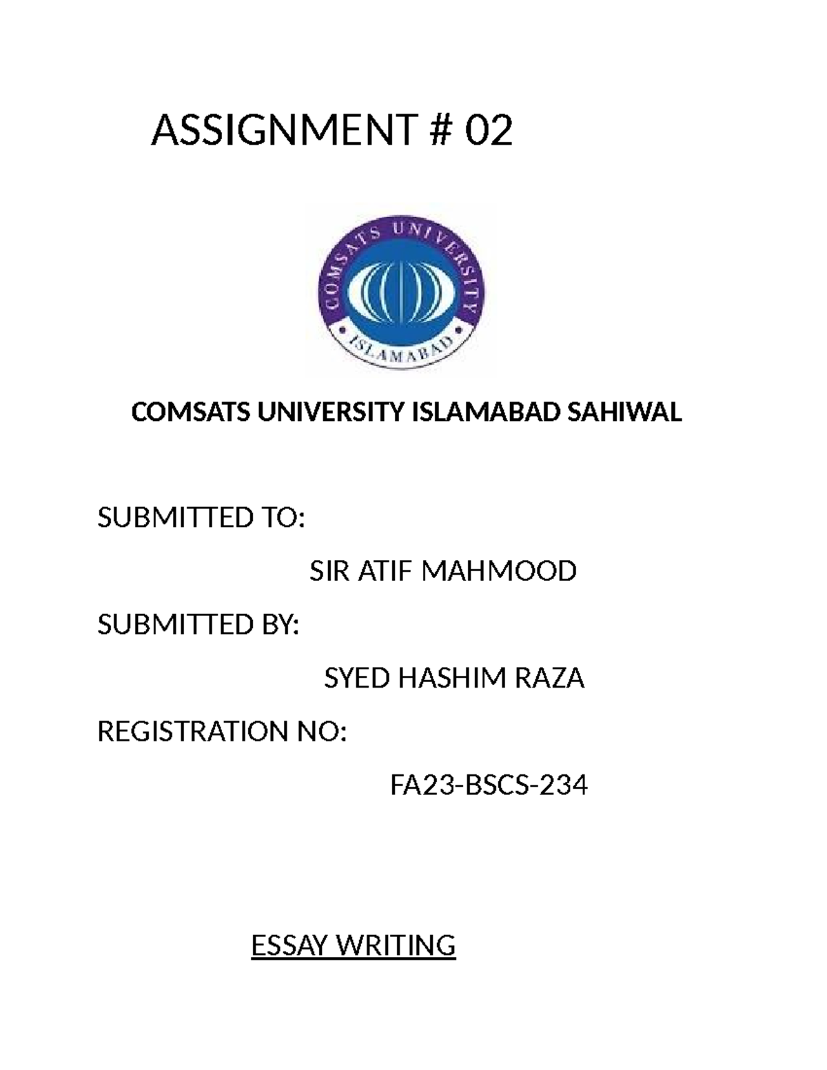 handouts of lecture - ASSIGNMENT # 02 COMSATS UNIVERSITY ISLAMABAD SAHIWAL SUBMITTED TO: SIR ...