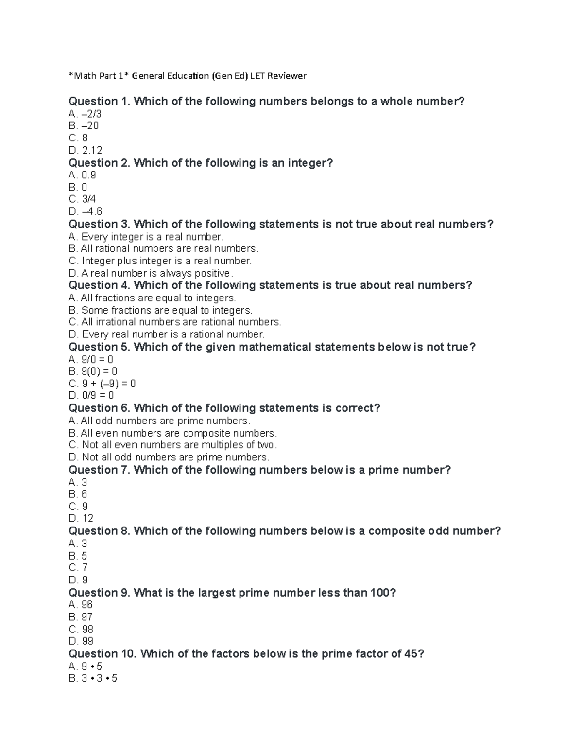 Gen.Ed Mathematics - reviewer - Math Part 1 General Education (Gen Ed ...