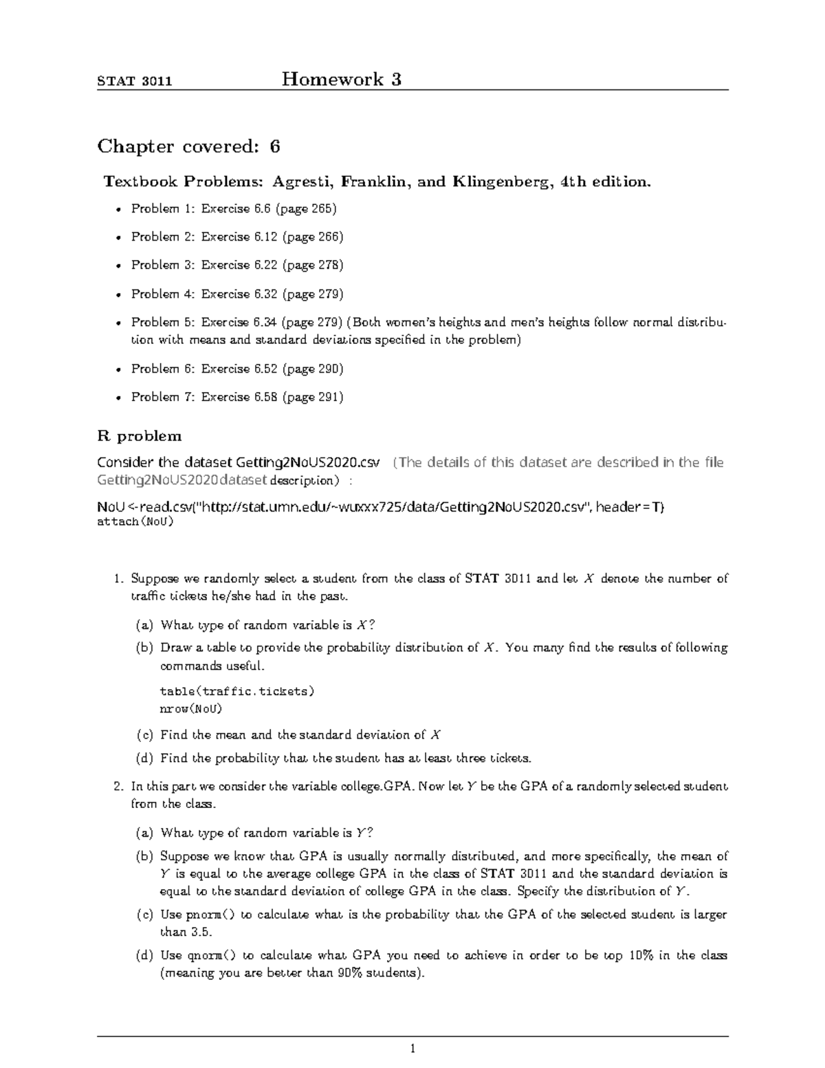 HW3 - Mmmmmmmmmmmm - STAT 3011 Homework 3 Chapter covered: 6 Textbook ...