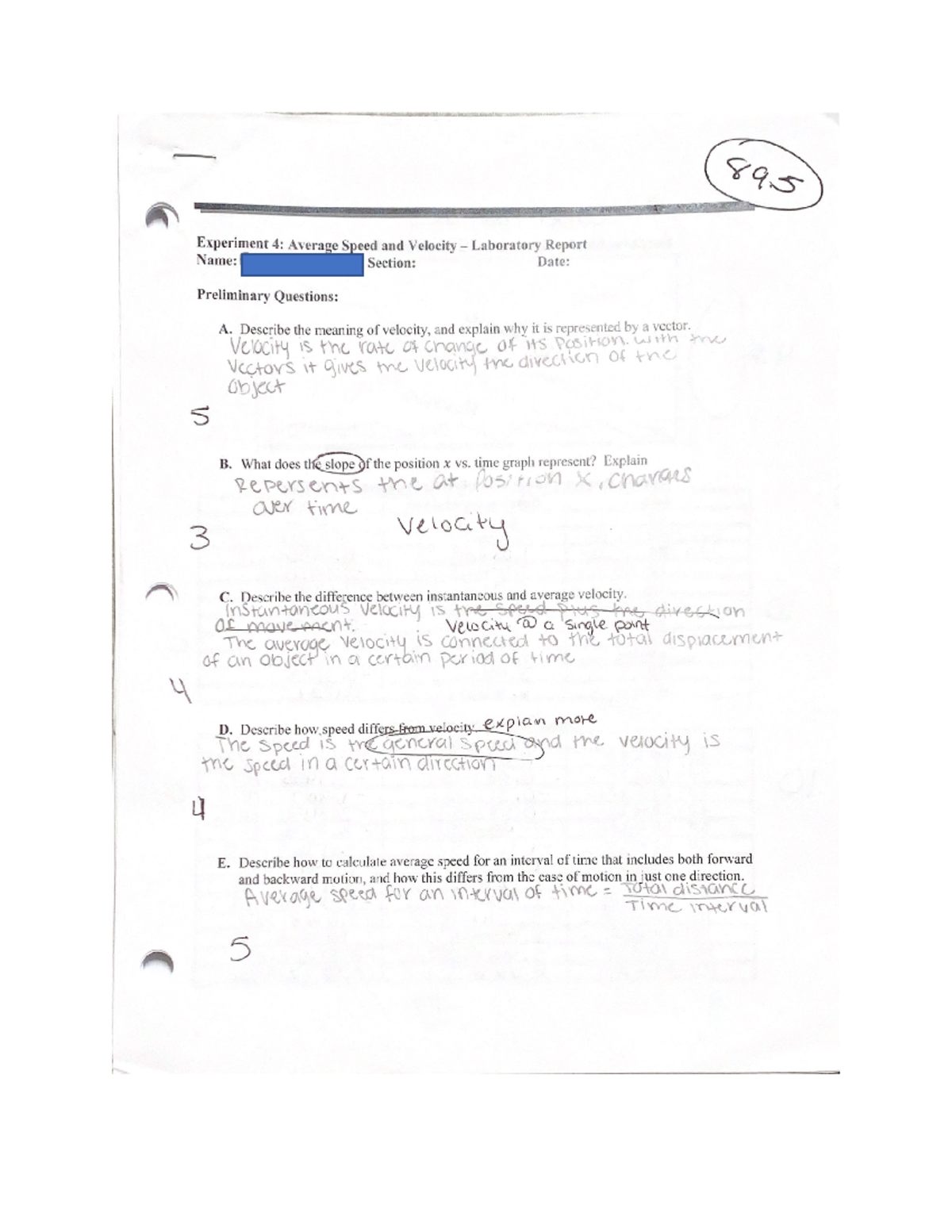 Physics lab 4 - 895 Experiment 4: Average Speed and Velocity Laboratory ...