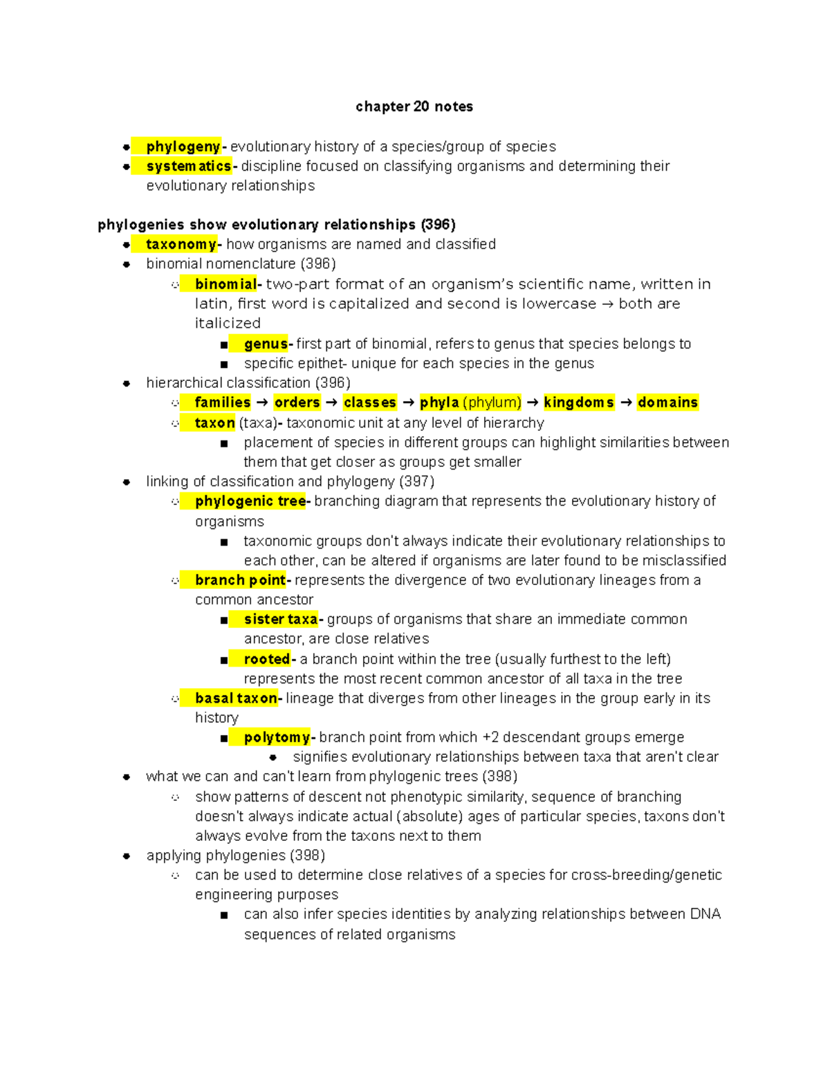 Chapter 20 notes - chapter 20 notes phylogeny- evolutionary history of ...