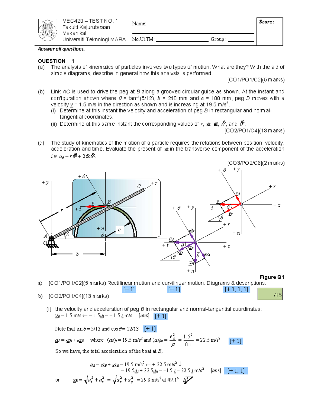 Test 1 2017, questions and answers - MEC420 TEST NO. 1 Fakulti ...