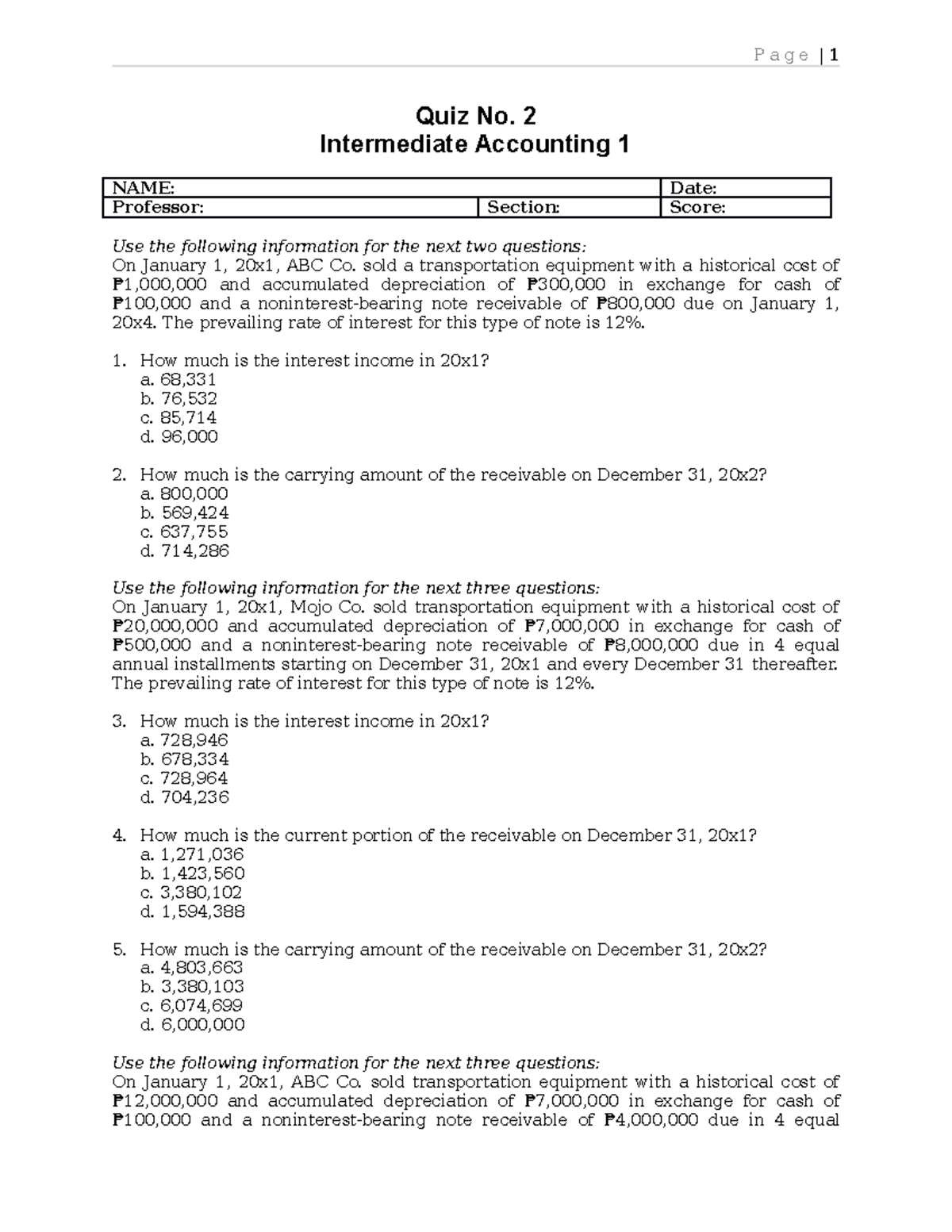 Int Acc 1 - Quiz No. 2 - Quiz No. 2 Intermediate Accounting 1 NAME ...