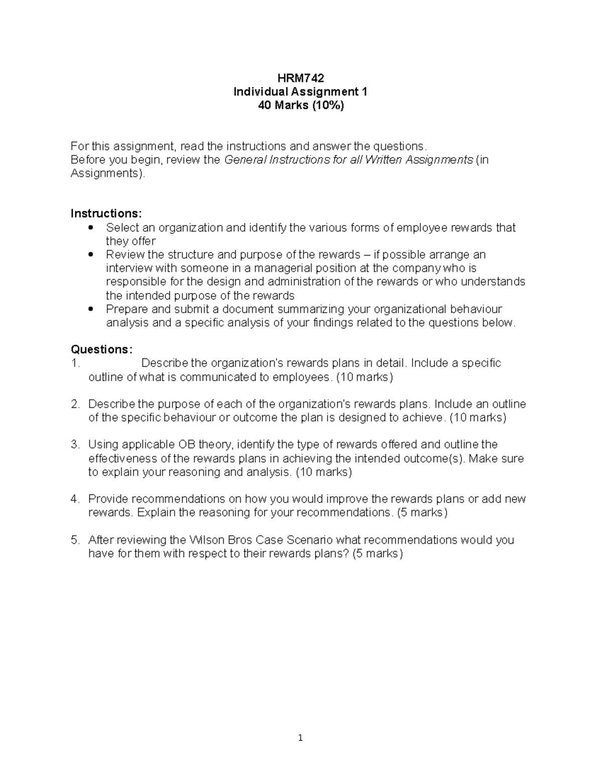 Individual assignment 01 instructions - HRM Individual Assignment 1 40 Marks (10%) For this ...
