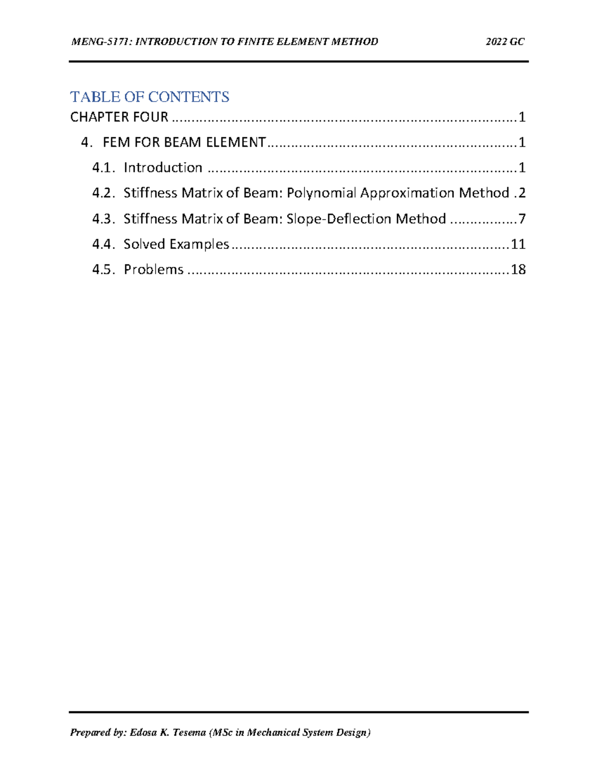 4. FEM for Beam Element - chapter 4 - ####### Prepared by: Edosa K ...