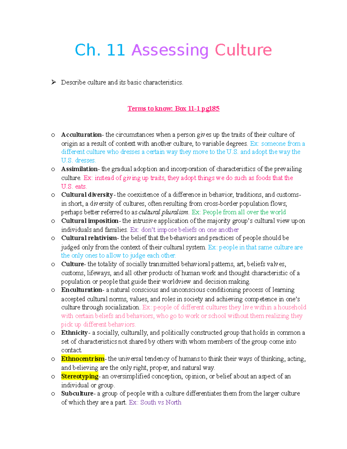 Ch. 11 assessing culture notes - Ch. 11 Assessing Culture Describe ...