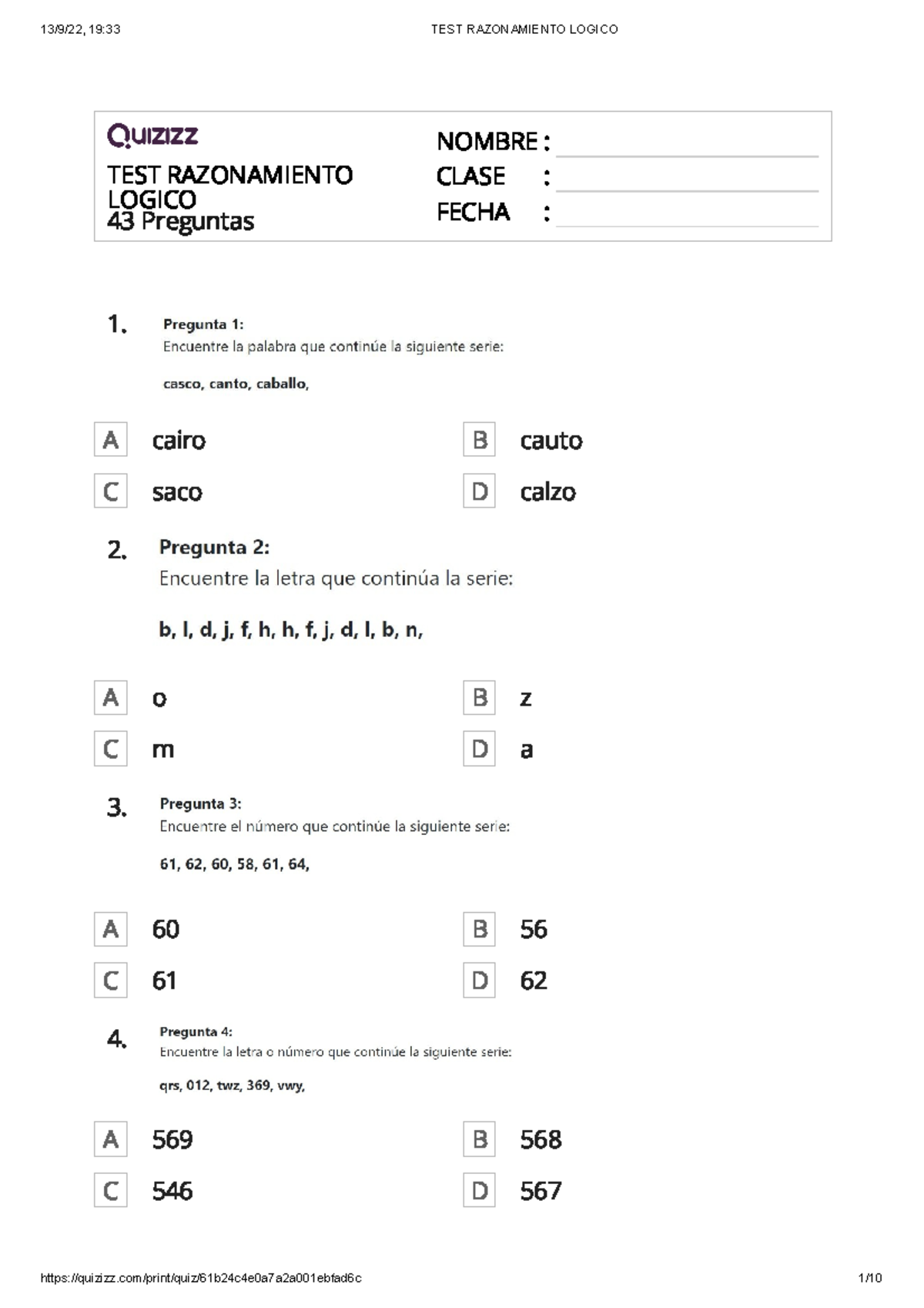 TEST Razonamiento Logico - TEST RAZONAMIENTO LOGICO 43 Preguntas NOMBRE ...