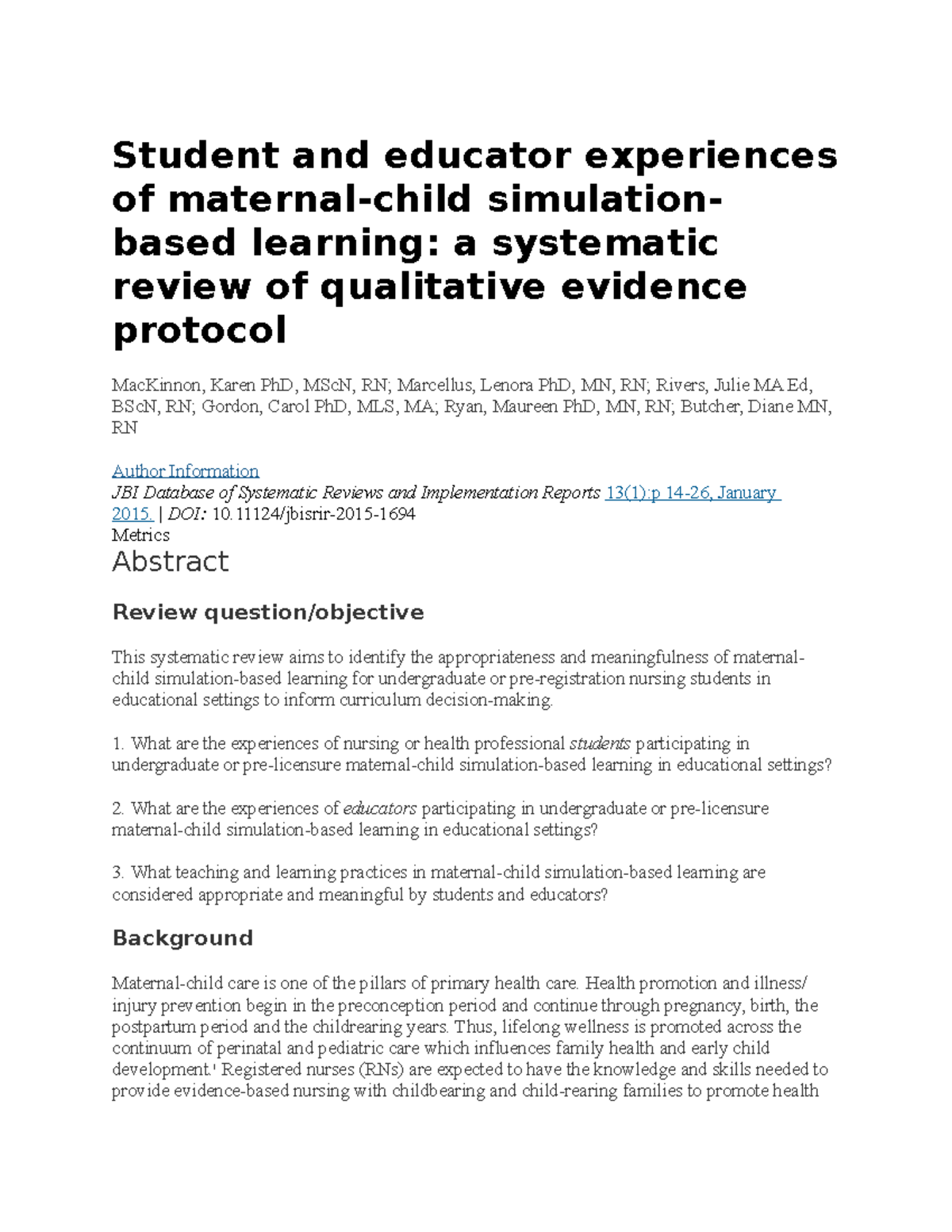 Quanlitative - article - Student and educator experiences of maternal ...