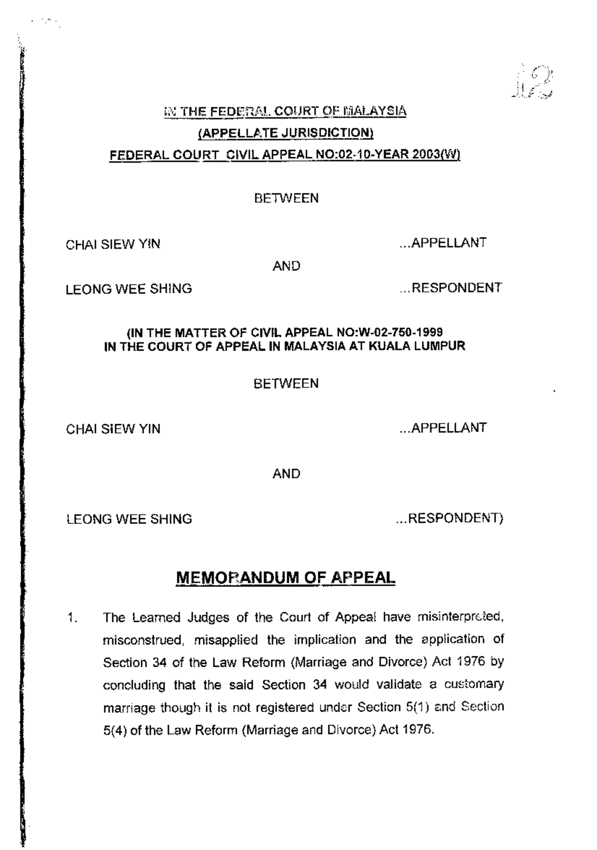 Chai Siew Yin v Leong Wee Shing - Law - Studocu