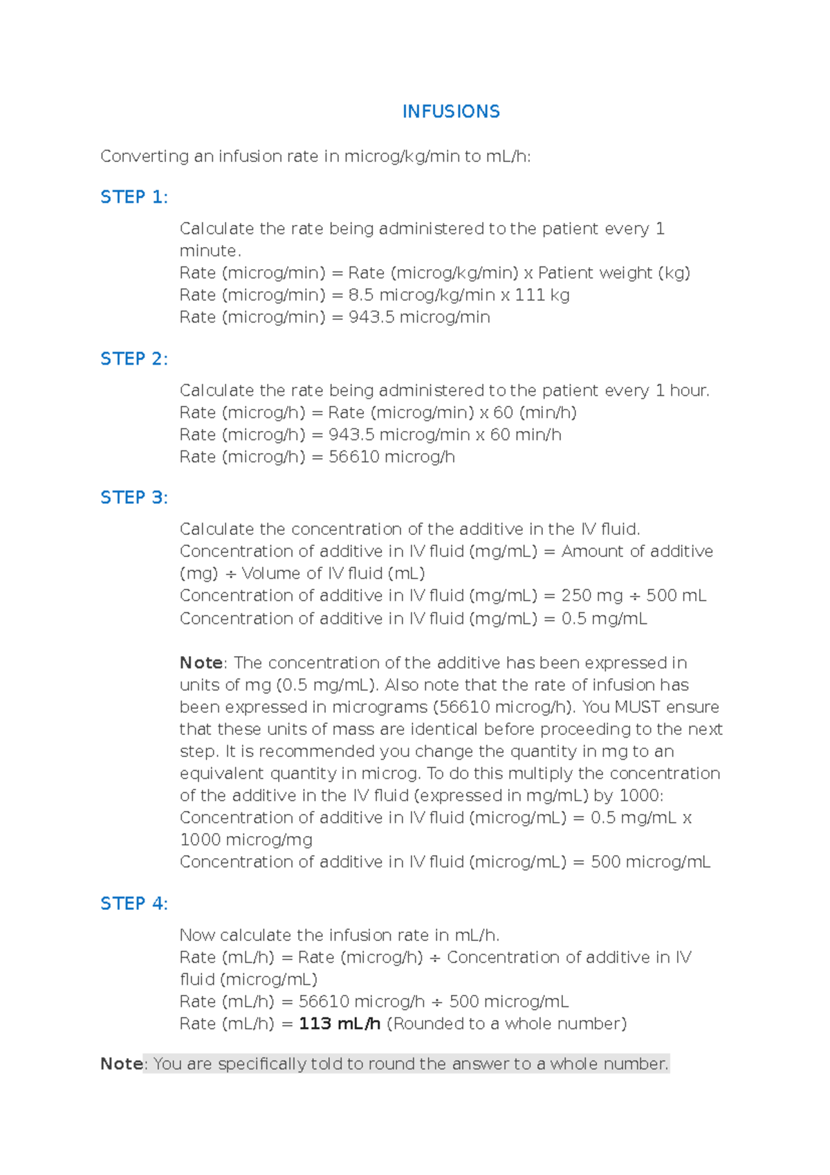 Infusion Calculations Examples INFUSIONS Converting An Infusion Rate